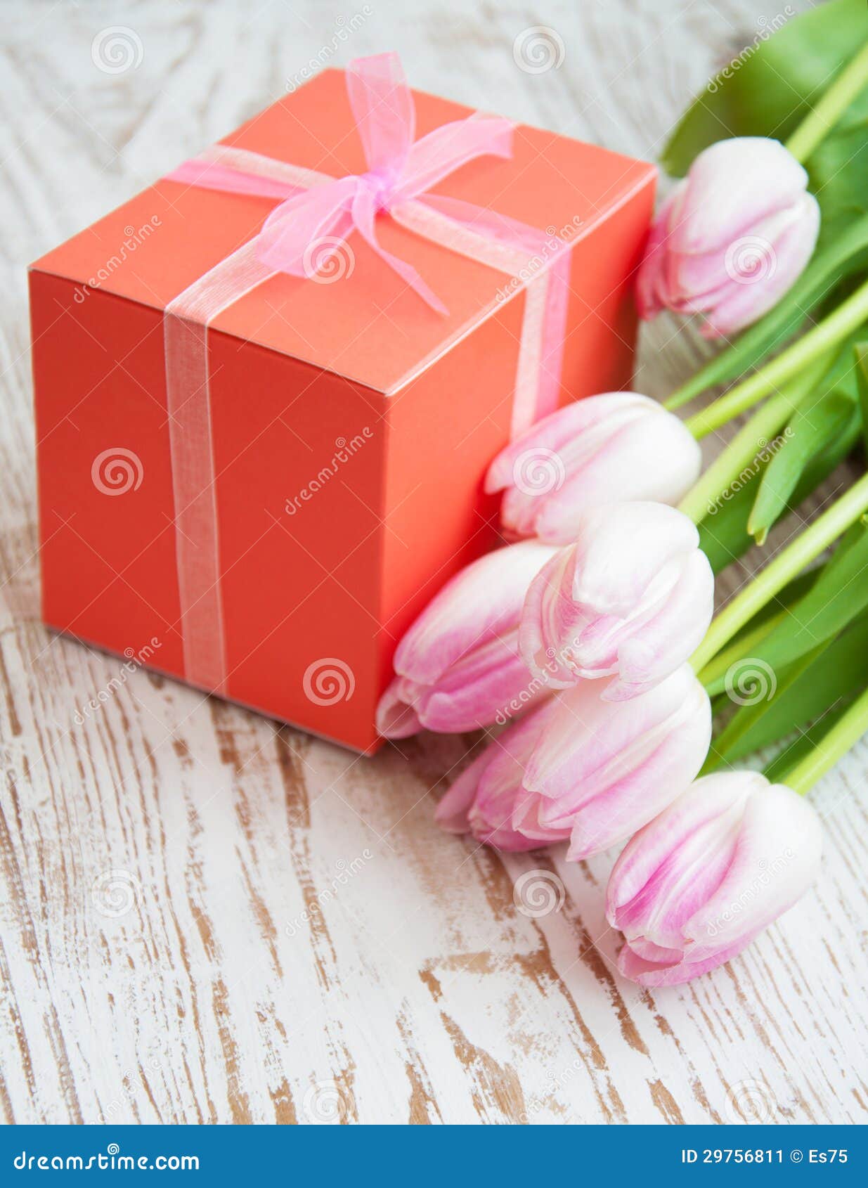 Bouquet of Tulips, Gift Box on a Table Stock Image - Image of purple ...