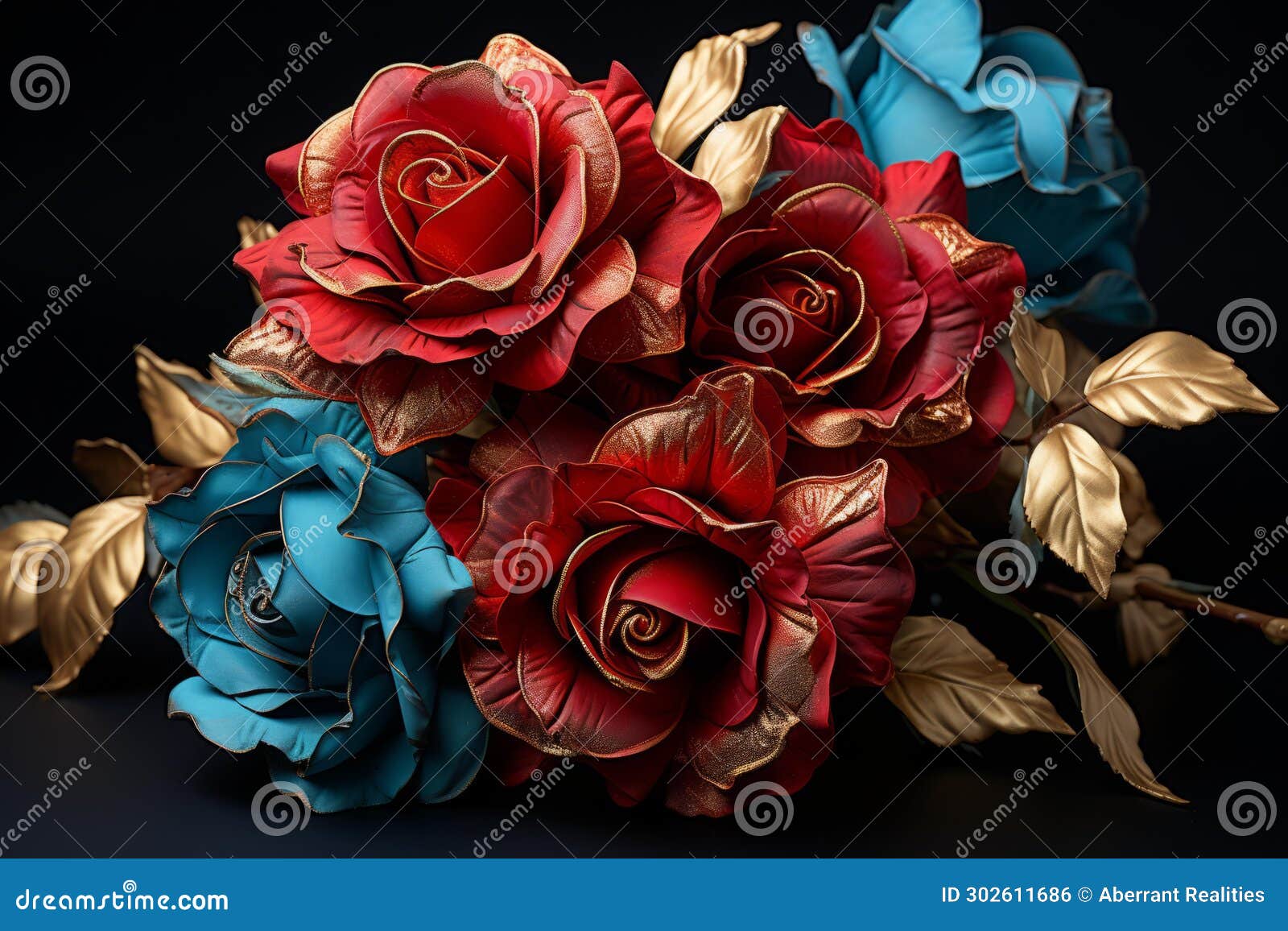 A Bouquet of Red Blue and Gold Roses Stock Illustration - Illustration ...