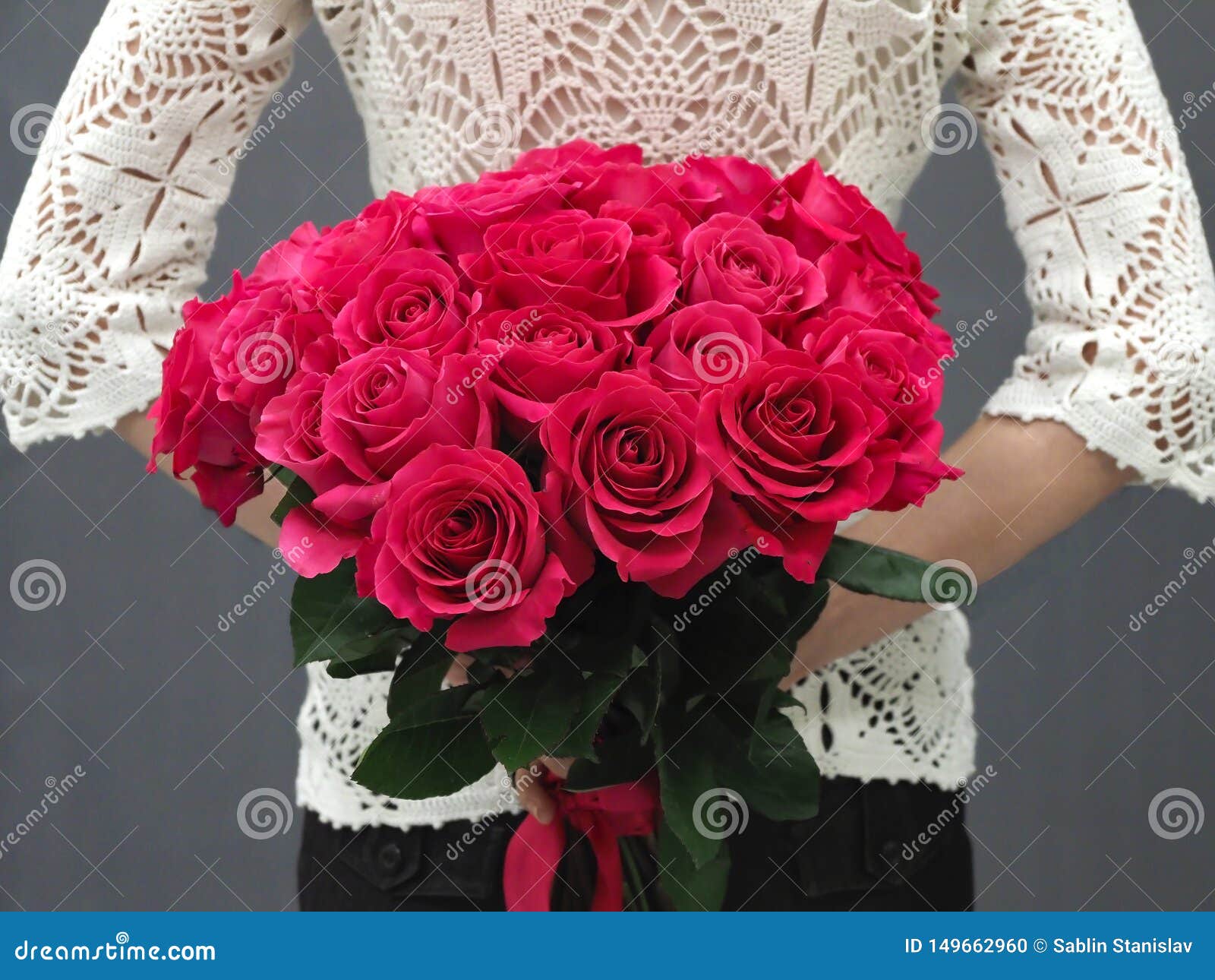 Bouquet of Red Roses Behind Her Back. Stock Photo - Image of holiday ...