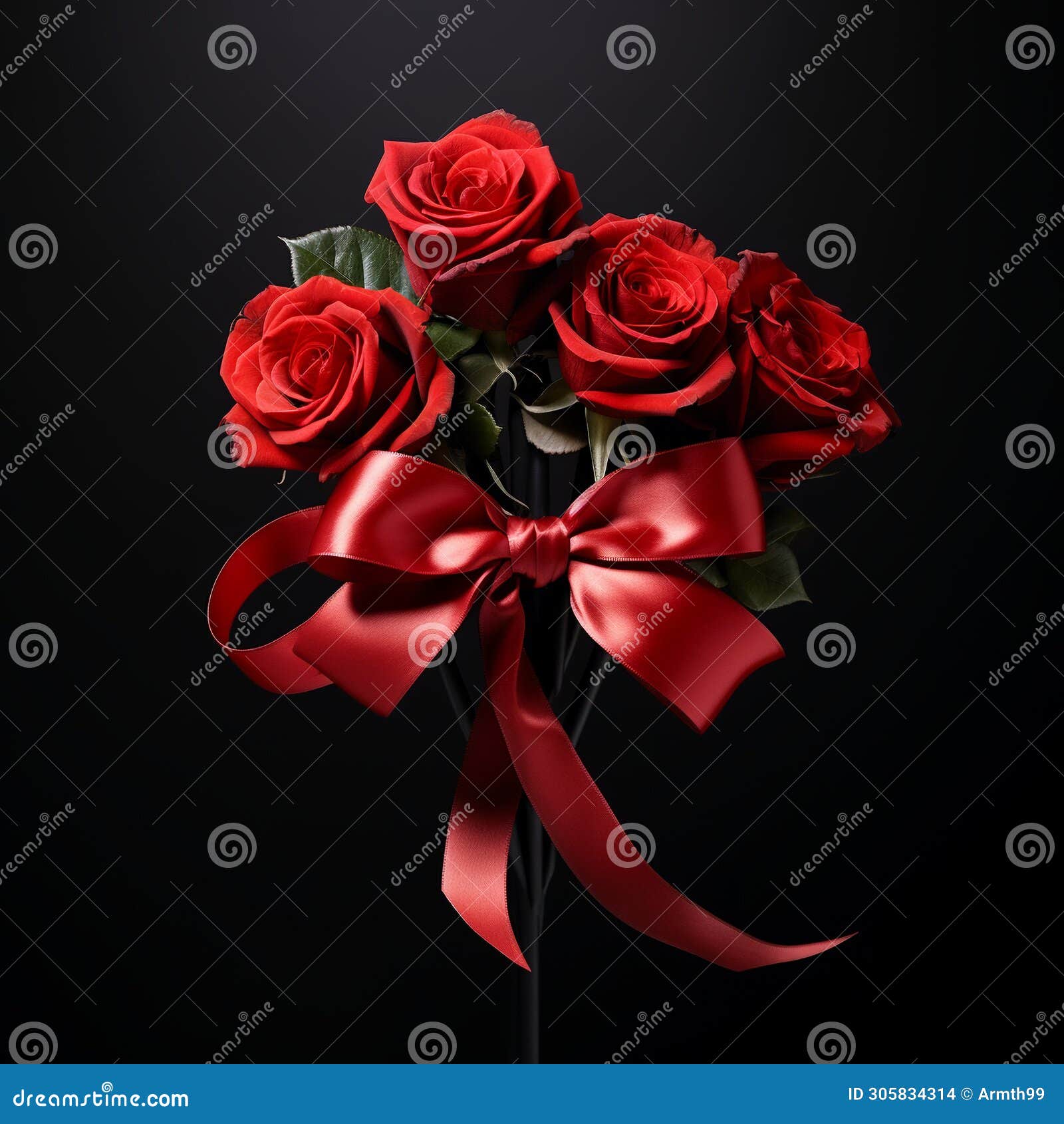 Bouquet of Red Roses with a Red Bow on a Black Background Stock ...