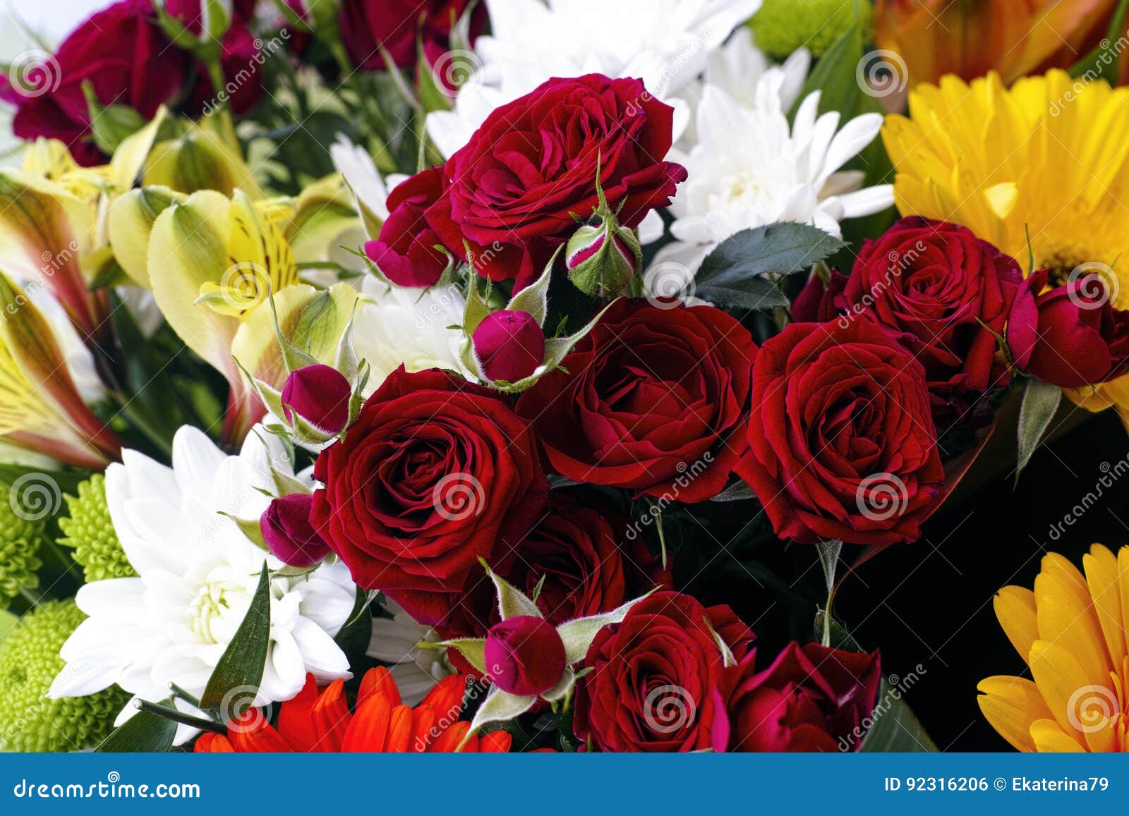 Bouquet with Red Roses, Chrysanthemums and Gerberas Stock Photo - Image ...