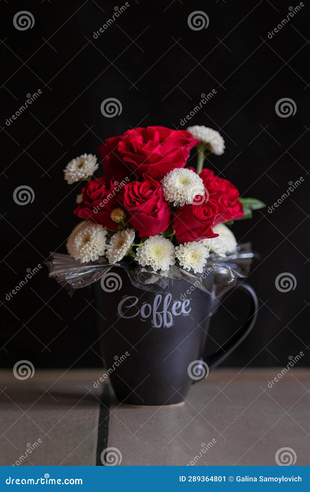 Bouquet of Red Roses in a Coffee Cup on a Black Stock Image - Image of ...