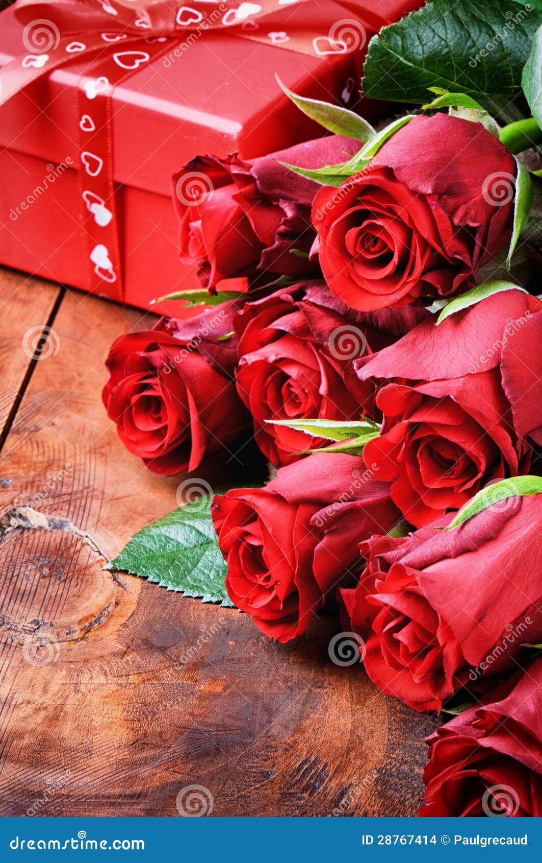 Bouquet of Red Roses and Gift Box Stock Photo - Image of luxury ...