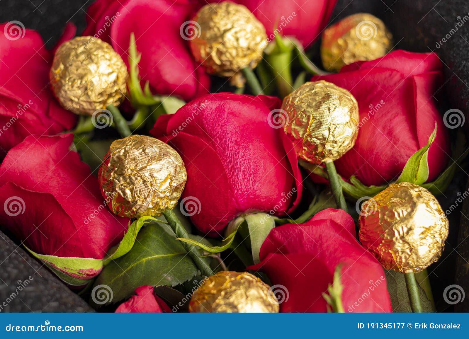 Bouquet of Red Roses with Golden Chocolate Stock Image - Image of candy ...