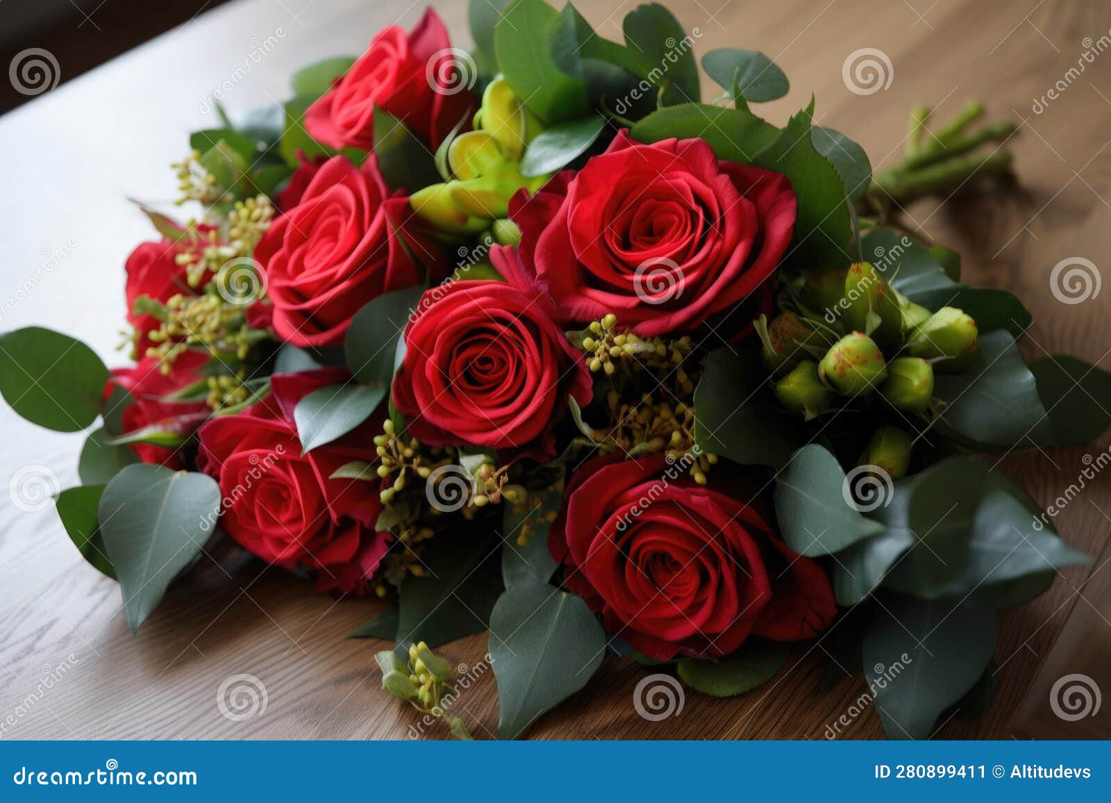 A Bouquet of Red Roses with a Vibrant Mix of Greenery Stock Image ...