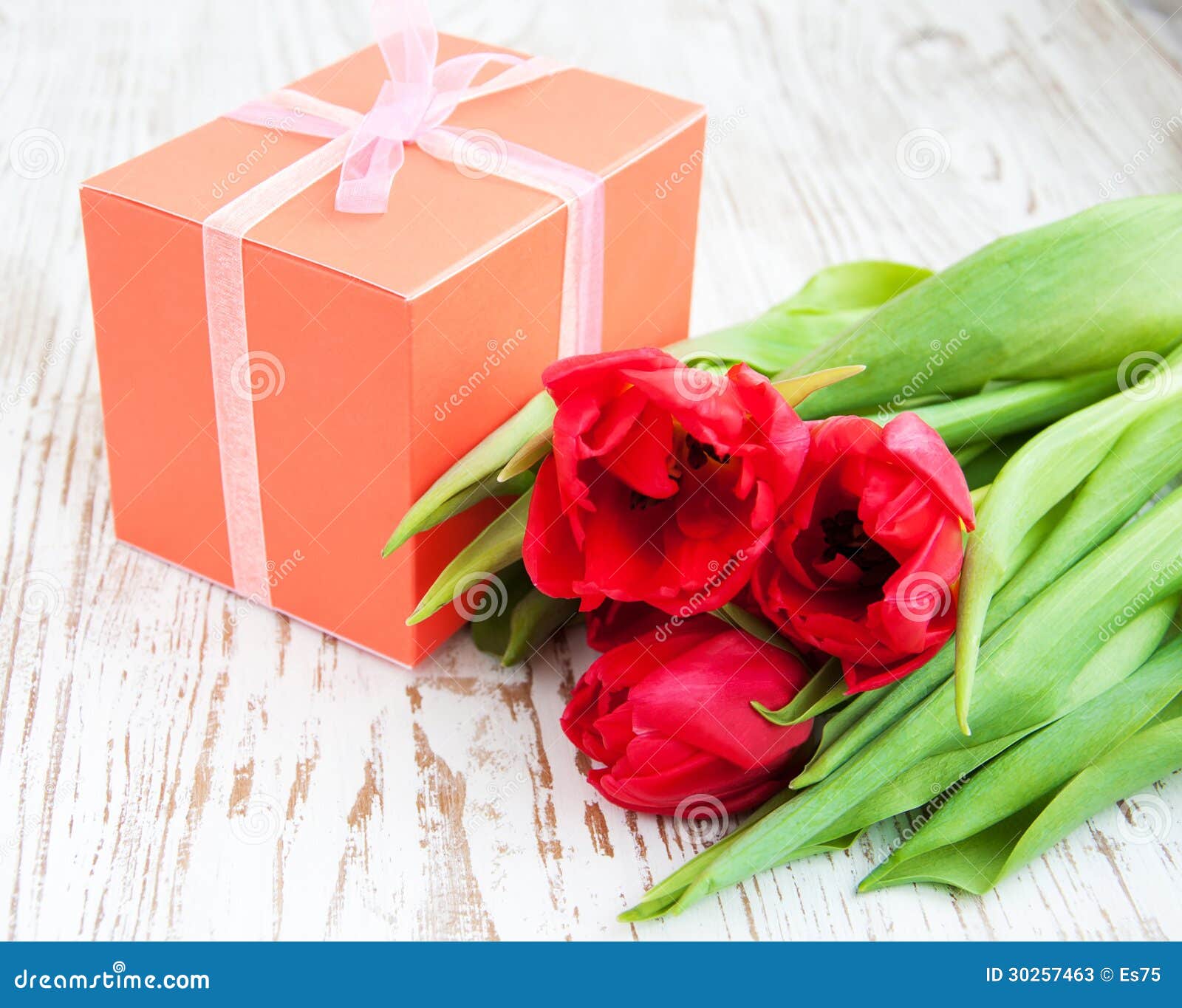 Bouquet of Tulips, Gift Box on a Table Stock Image - Image of beautiful ...