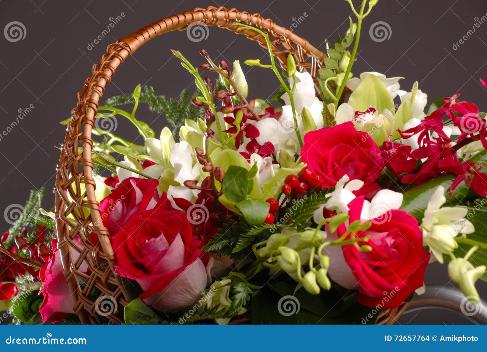 Bouquet of Roses in a Basket with Decoration Stock Photo - Image of ...
