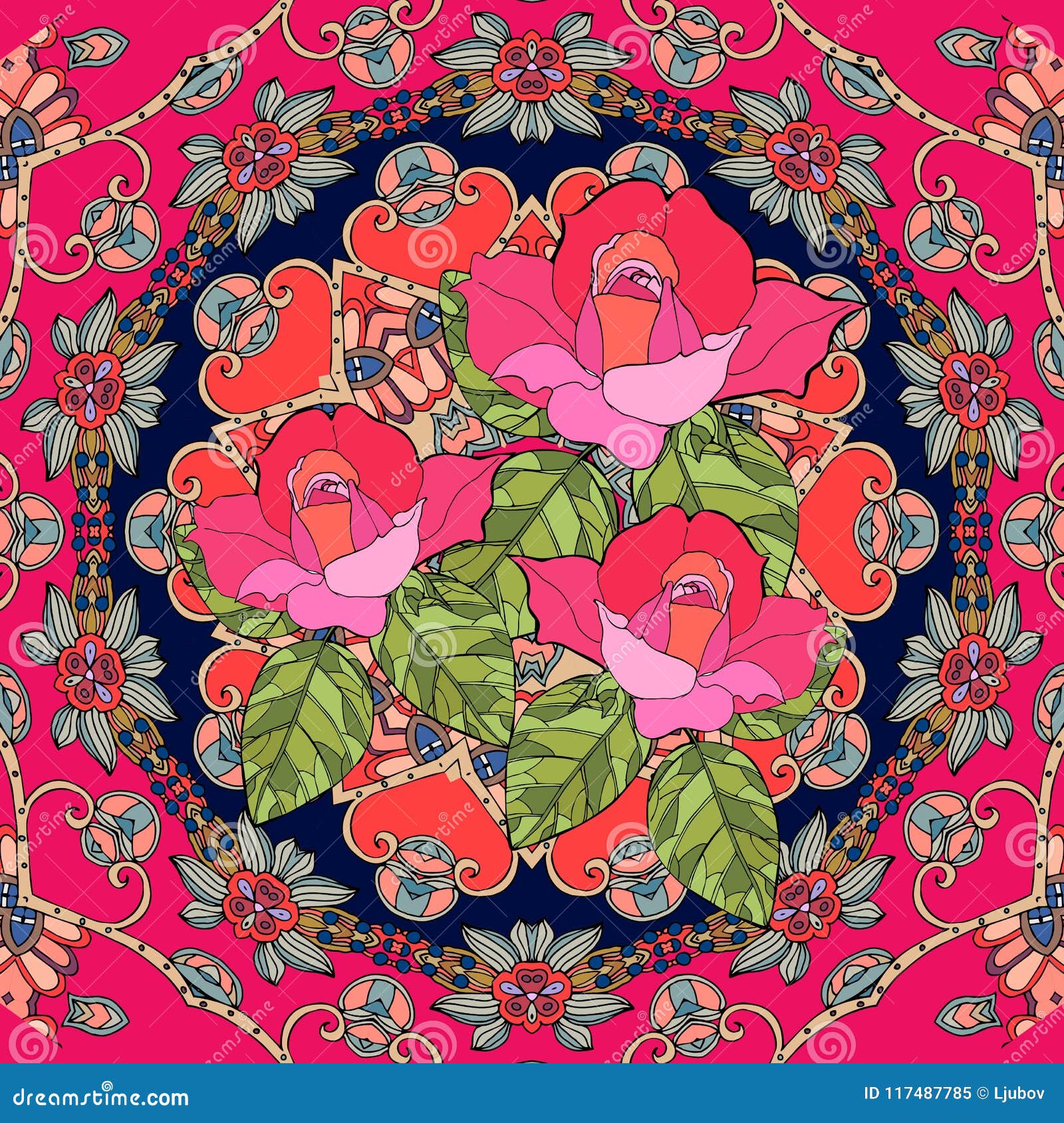 Bouquet of Roses on Flower - Mandala. Beautiful Seamless Pattern Stock ...
