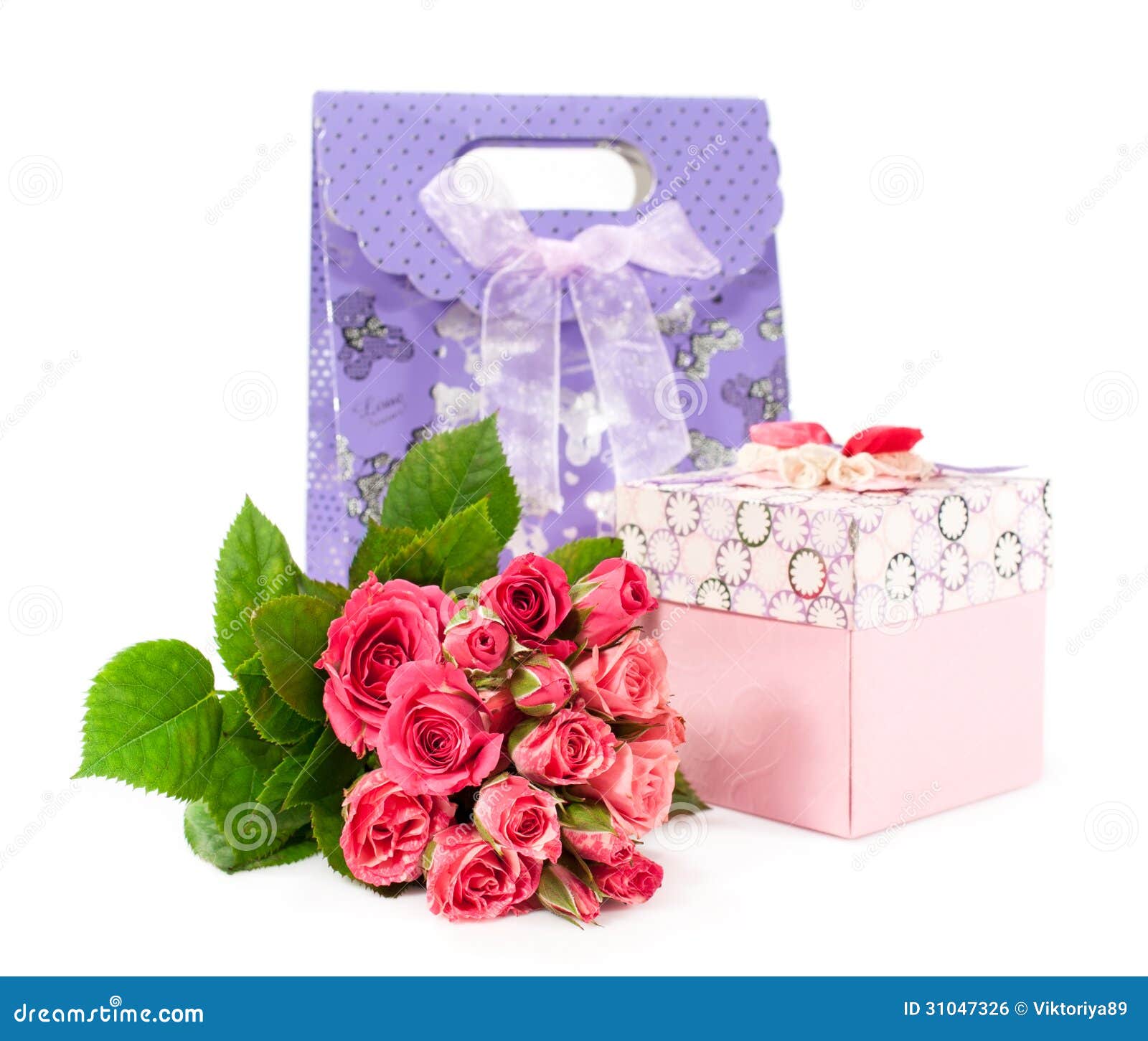 Bouquet of Roses and Gift Box Stock Photo - Image of gift, surprise ...