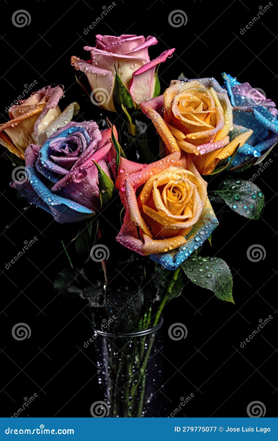 Bouquet of Roses with Multicolored Petals on a Black Background Stock ...