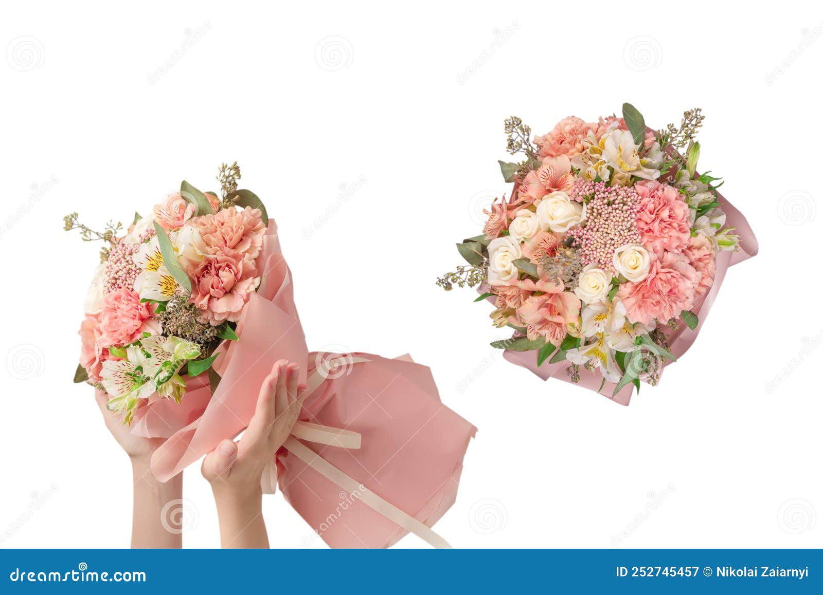 Bouquet of Soft Pink Flowers in Wrapping Paper Stock Image - Image of ...