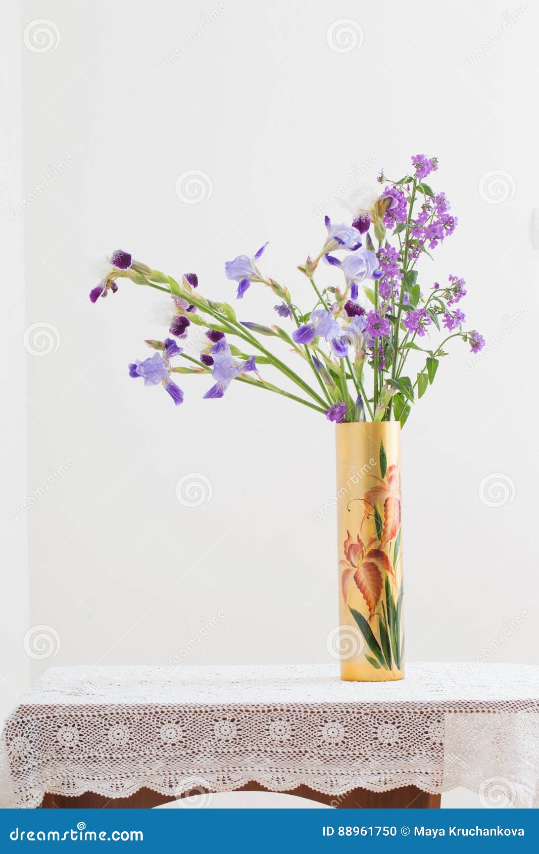 Bouquet of Spring Purple Iris in Vase on White Stock Photo - Image of ...
