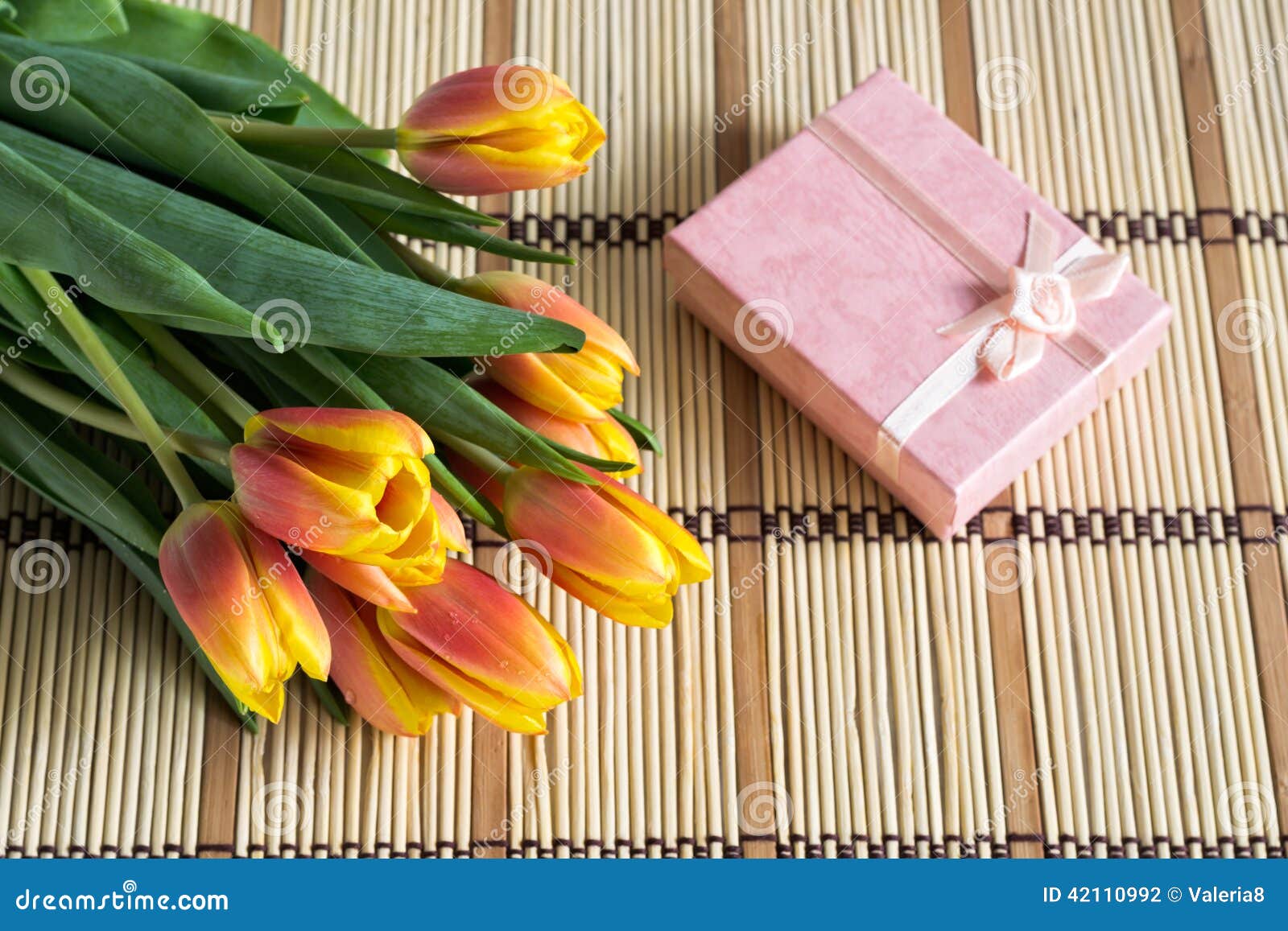 Bouquet of Tulips and Pink Gift Box Stock Photo - Image of arrangement ...