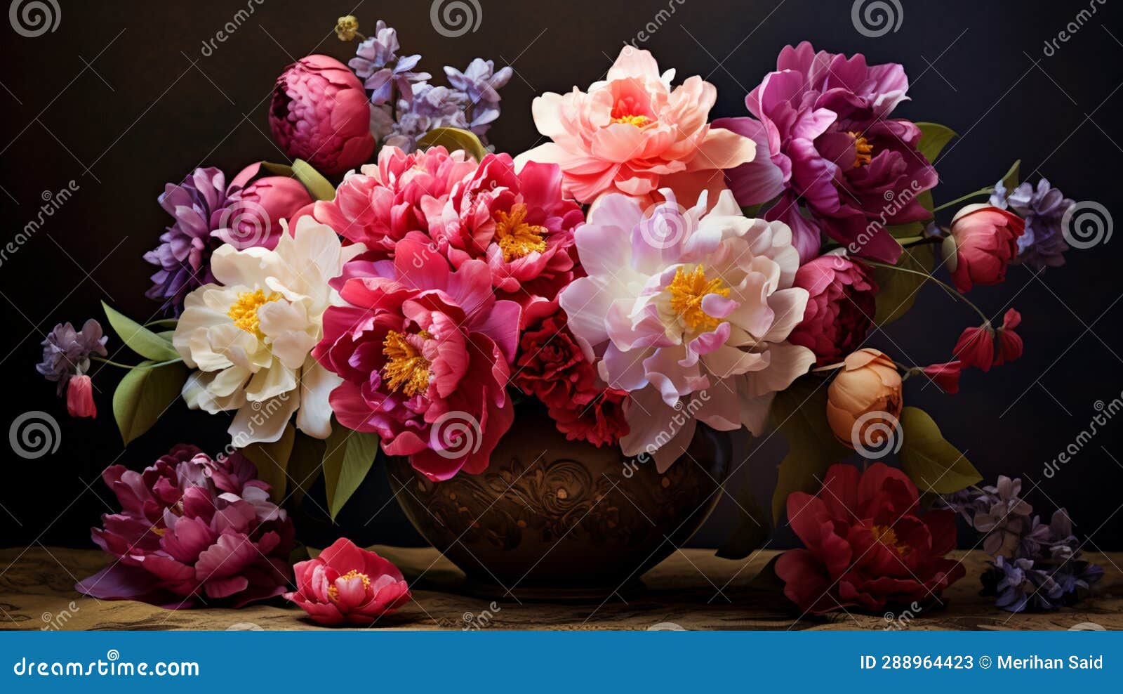 Bouquet of Various Colored Peonies Arranged in an Antique Vase, AI ...