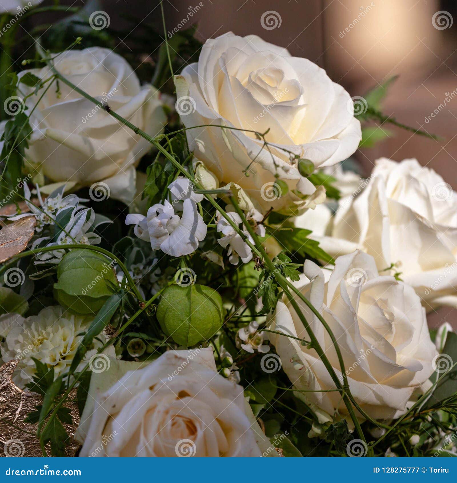 Bouquet of white roses stock image. Image of greenery - 128275777