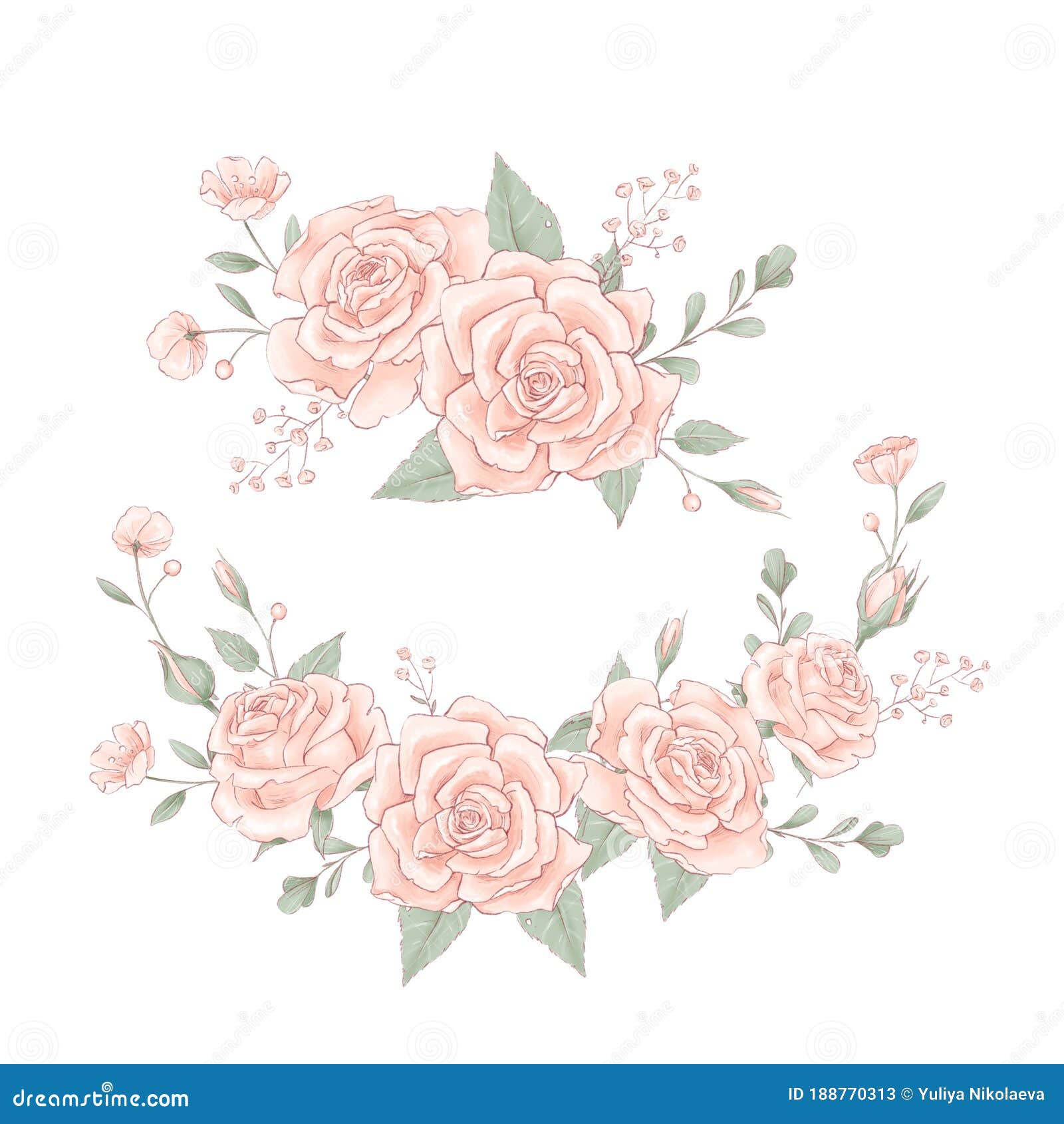 Bouquet a Wreath of Delicate Roses. Hand Drawing Stock Illustration ...