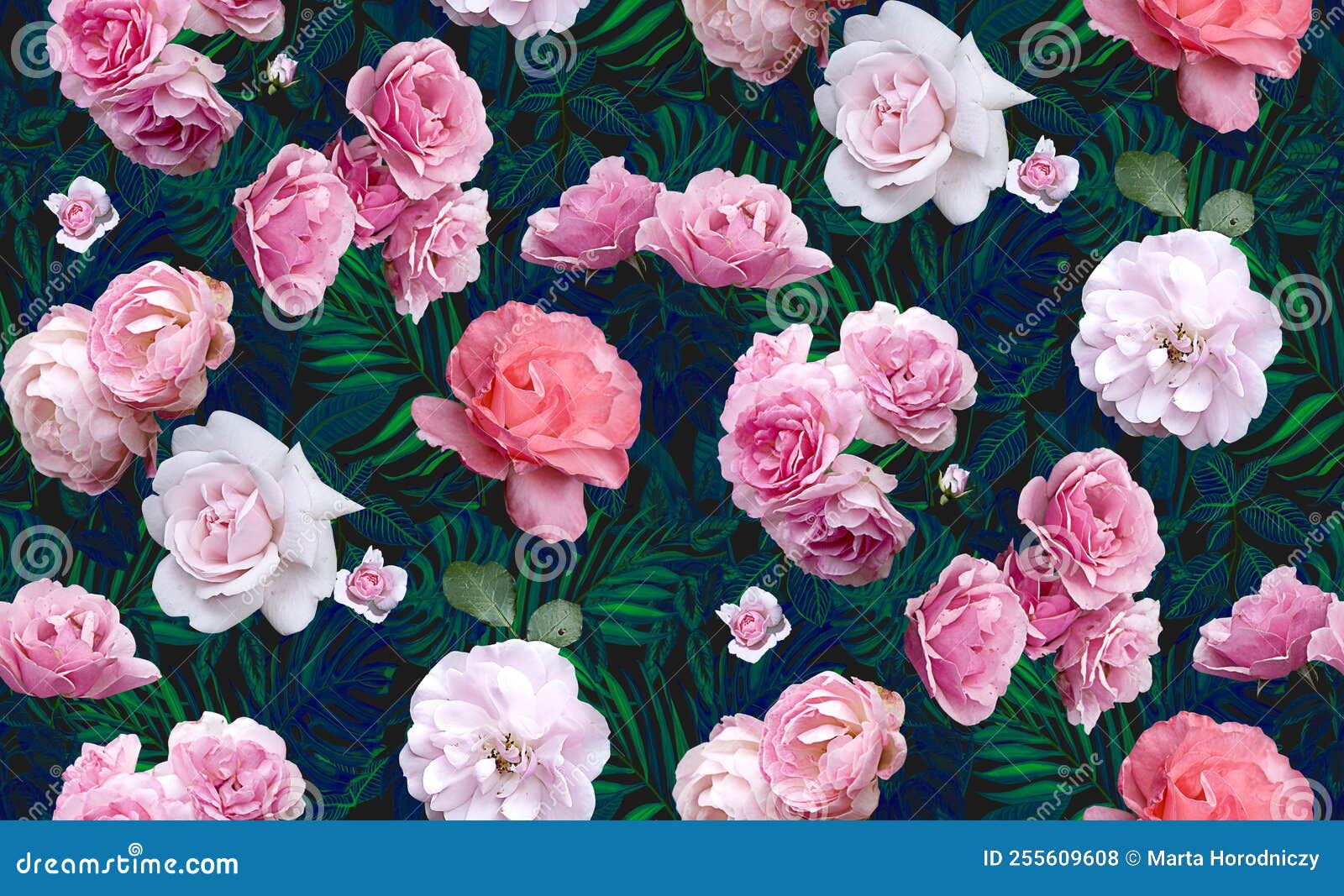 Pink Roses Pattern with the Tropical Leaves Background Stock Photo ...