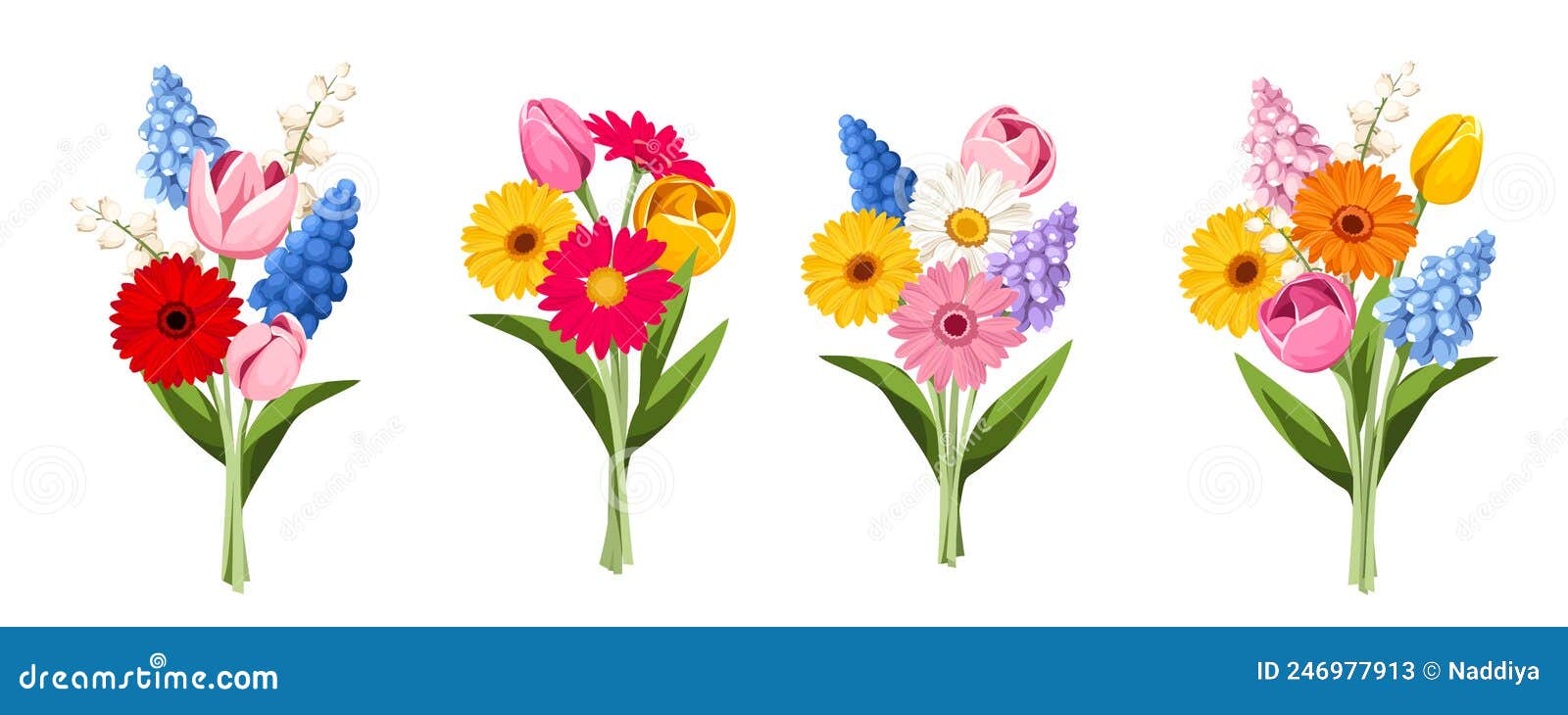 Bouquets of Colorful Spring Flowers. Set of Vector Illustrations Stock ...