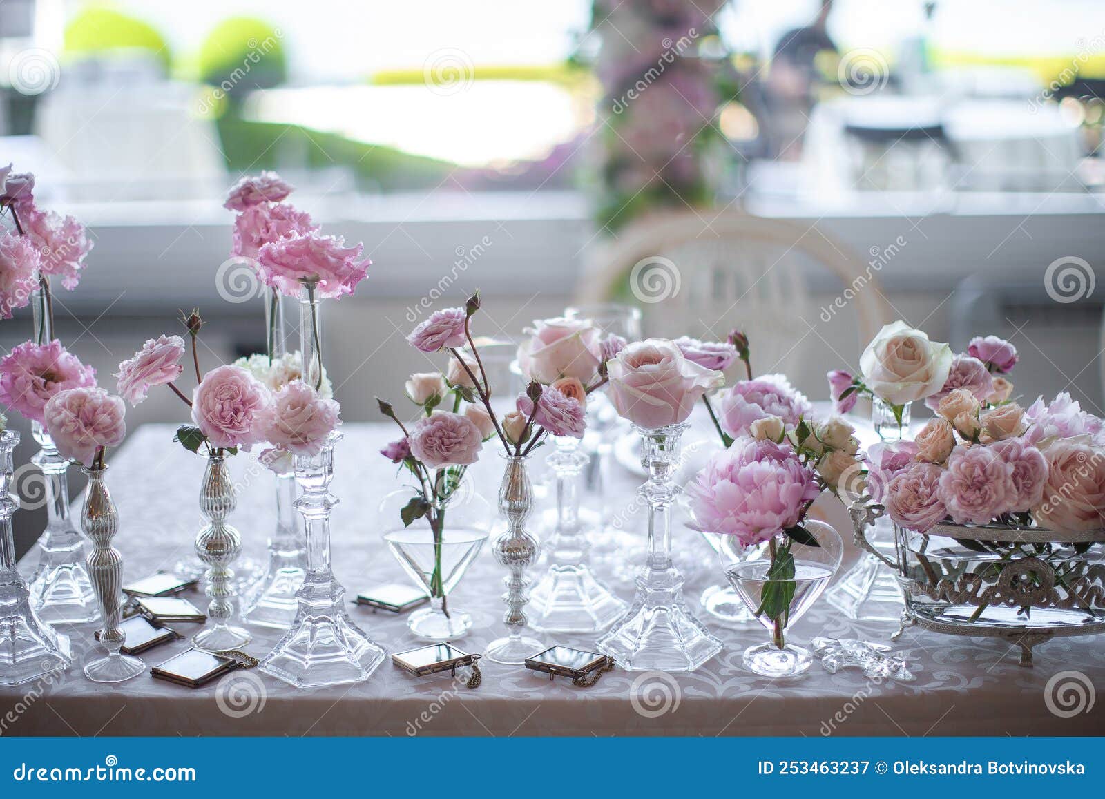 Bouquets of Flowers in Vase on the Wedding Table Stock Image - Image of ...