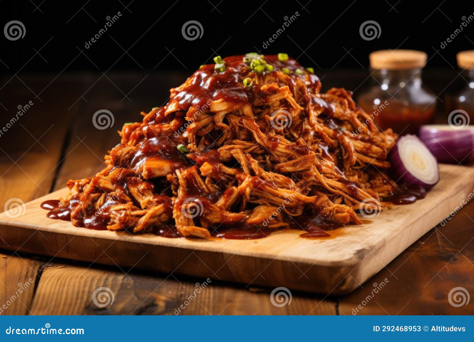 Bourbon Bbq Sauce-drenched Pulled Chicken Pile on Wooden Board Stock ...