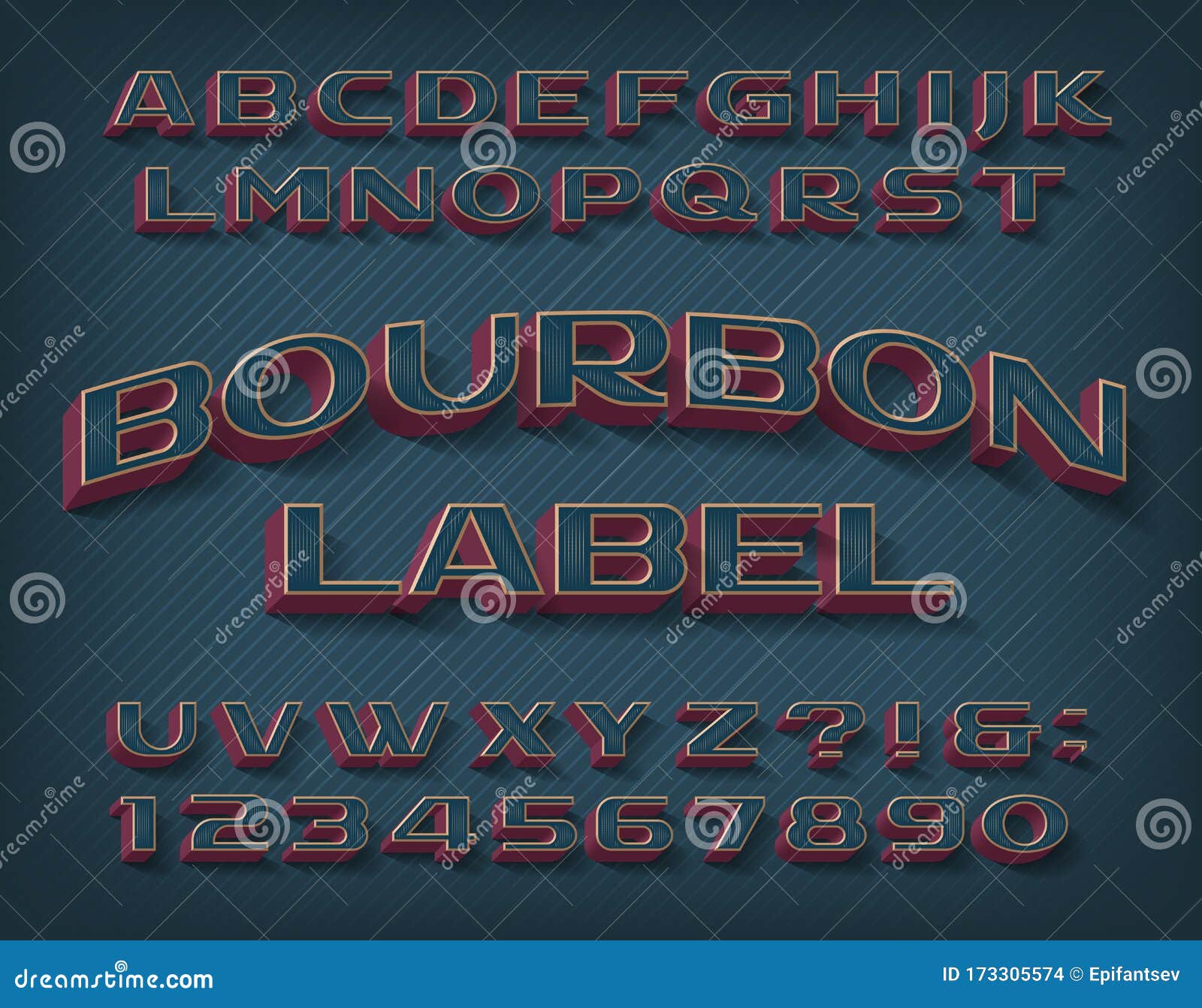 Bourbon Label Alphabet Font. 3D Effect Colorful Letters and Numbers ...