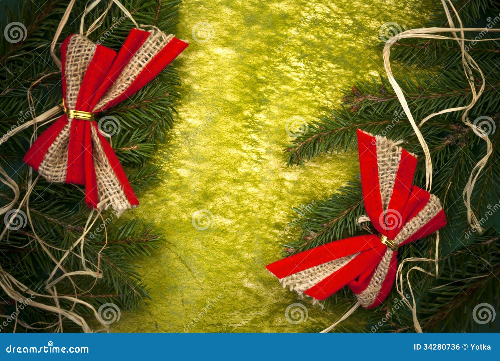 Bow Bows Christmas Card Spruce Twig Red Background Stock Photo - Image ...