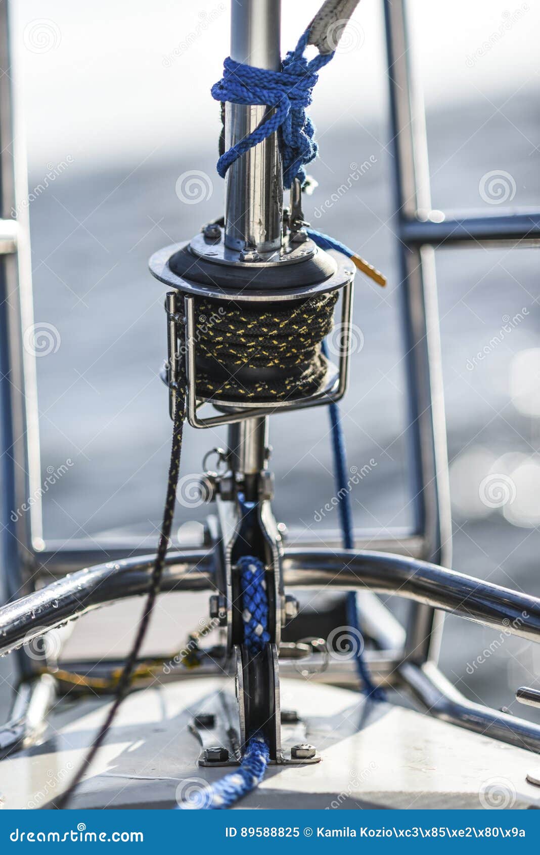 Bow Pulpit with Jib Sail Roller and Rope on a Small Sailing Boat Stock ...