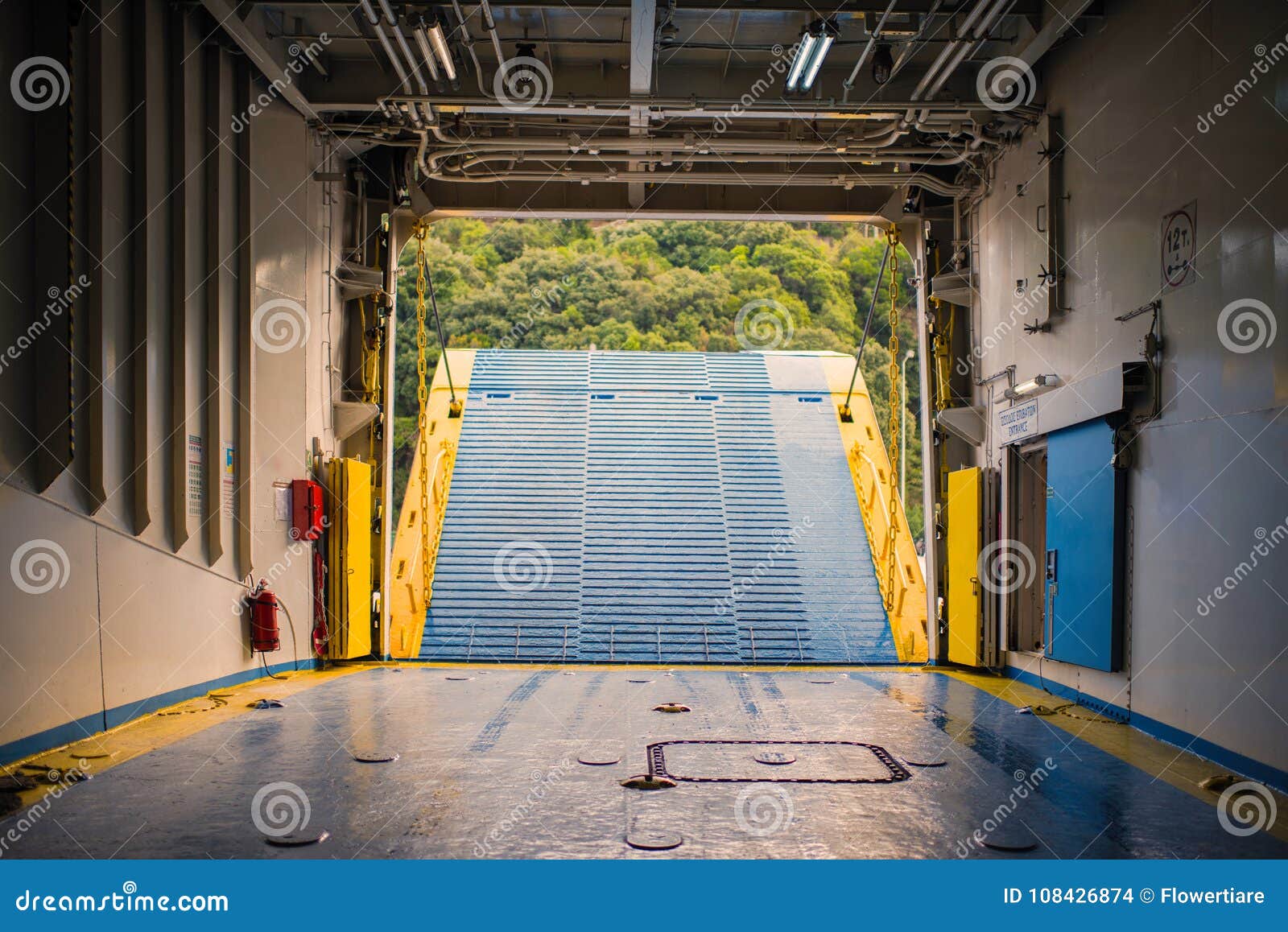 Bow Ramp of and Garage for the Cars Inside of Ferry. Stock Photo ...