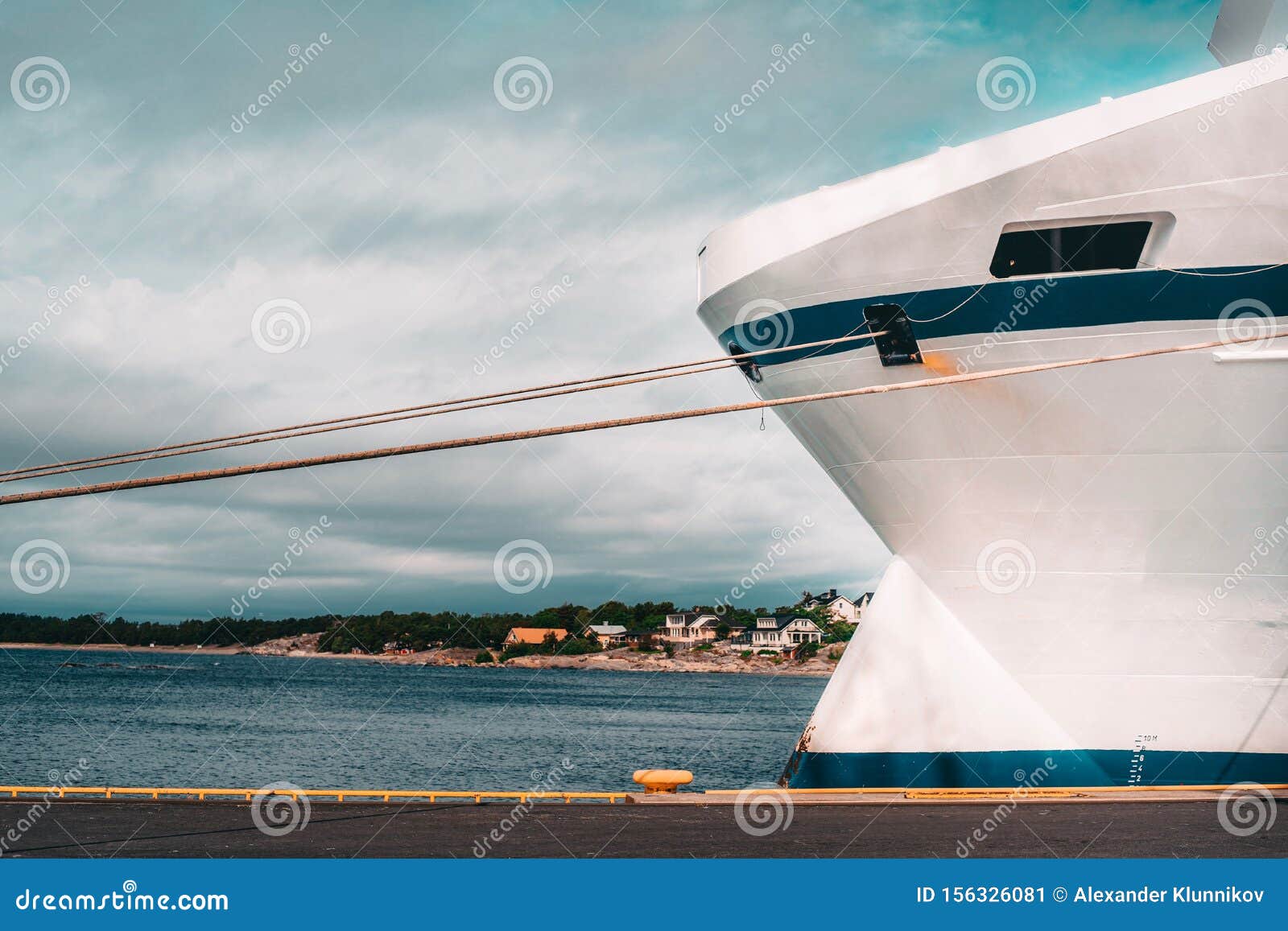 Bow of Ro-Ro Vessel Side View. Blue and White Ship Stay in Port. Stock ...