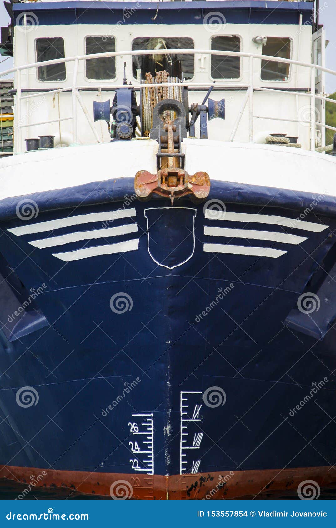 Dark blue Bow of the ship stock photo. Image of anchorage - 153557854