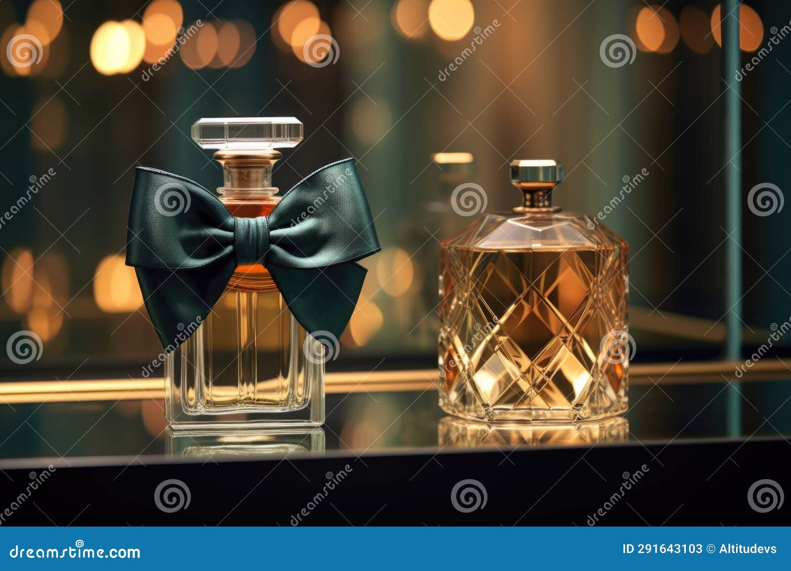 Bow Tie and Perfume Bottle on a Glass Shelf, with Soft Lighting Stock ...