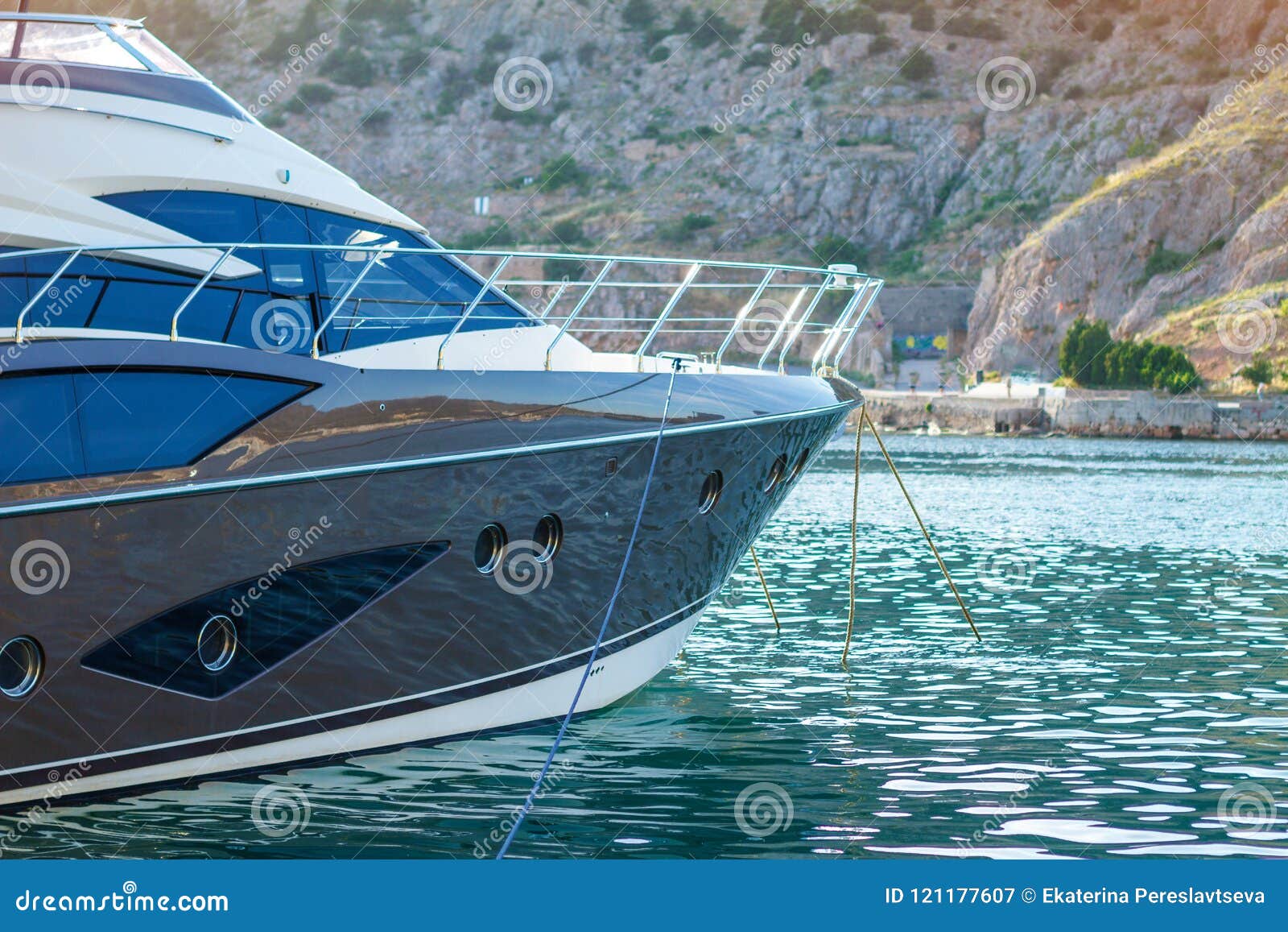 The Bow of the Yacht Side View Standing on the Pier Stock Image - Image ...