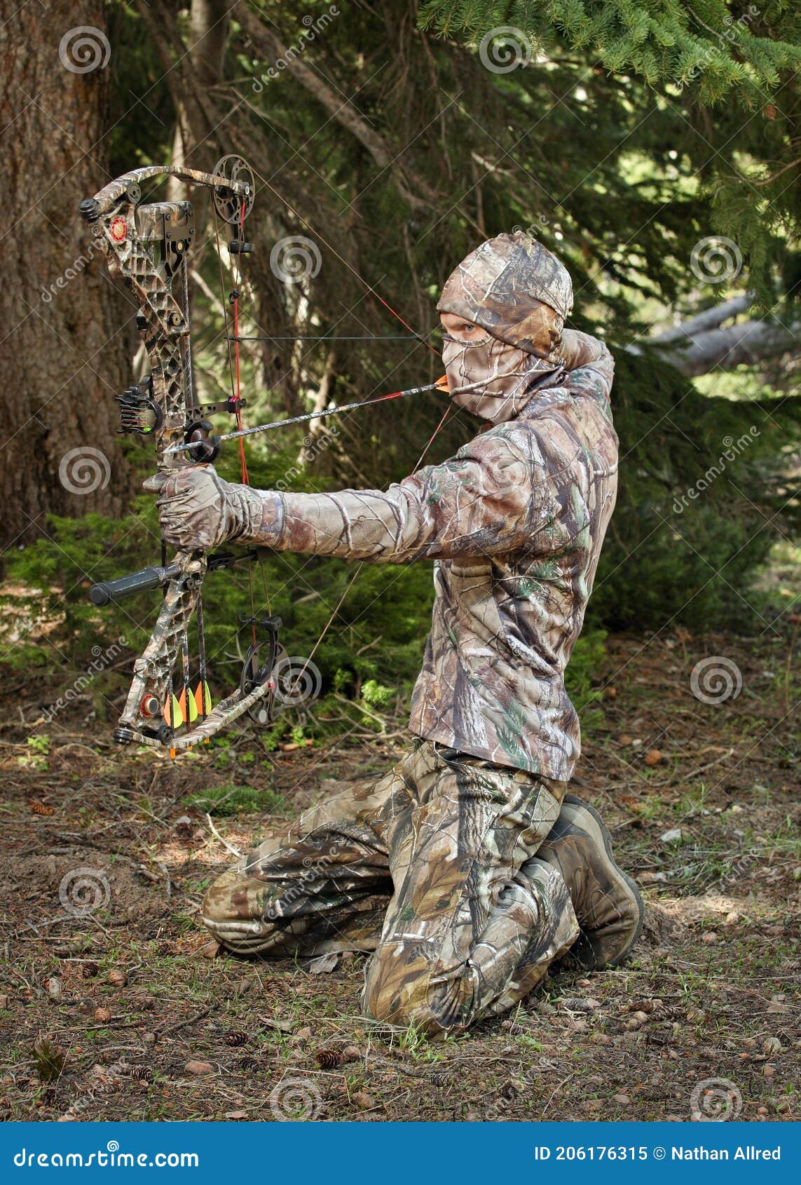 Bowhunter Kneeling and Drawing Bow Stock Image - Image of kneeling ...