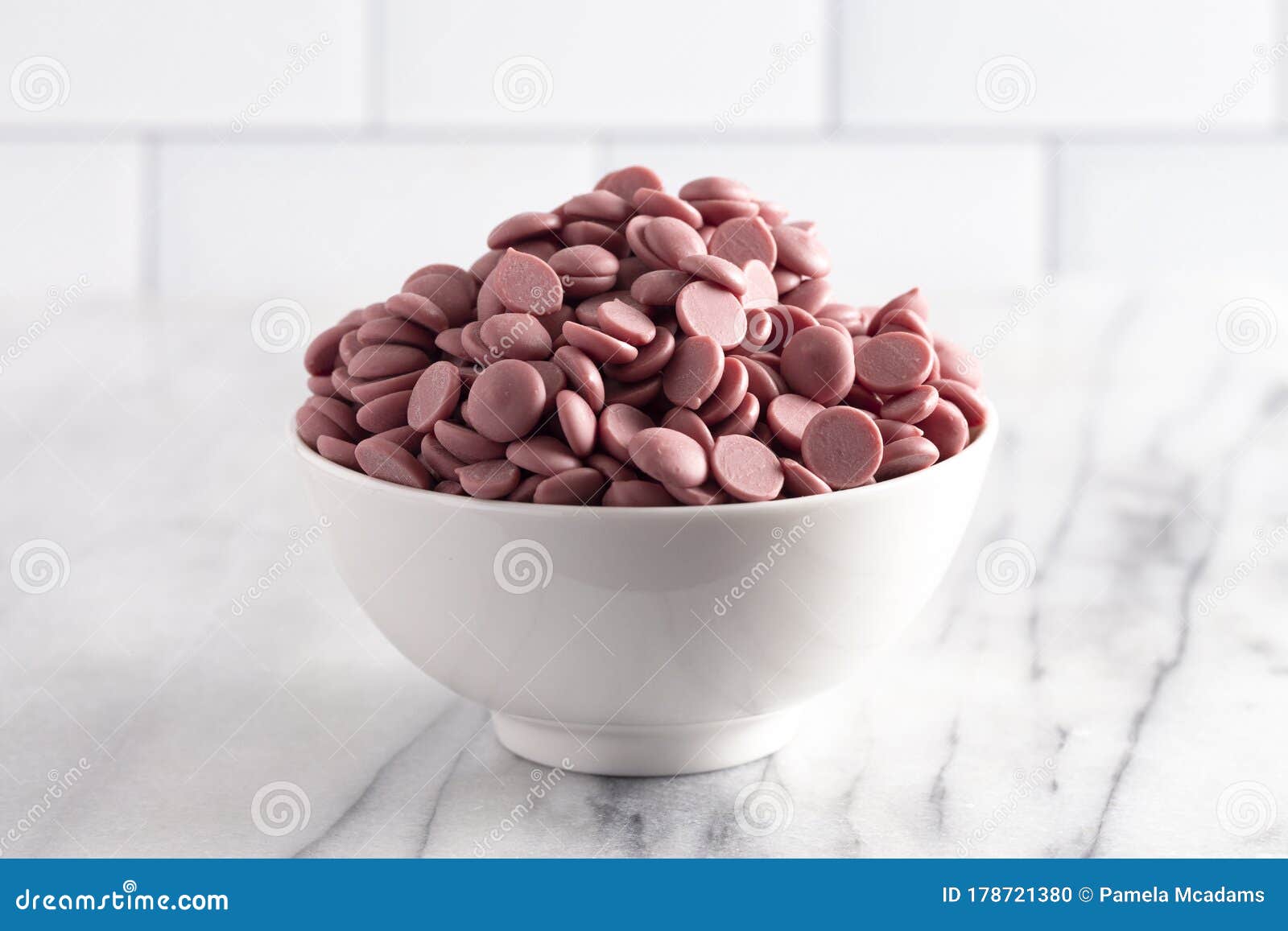 Bowl of Authentic Ruby Chocolate Drops on a Marble Counter Stock Photo ...