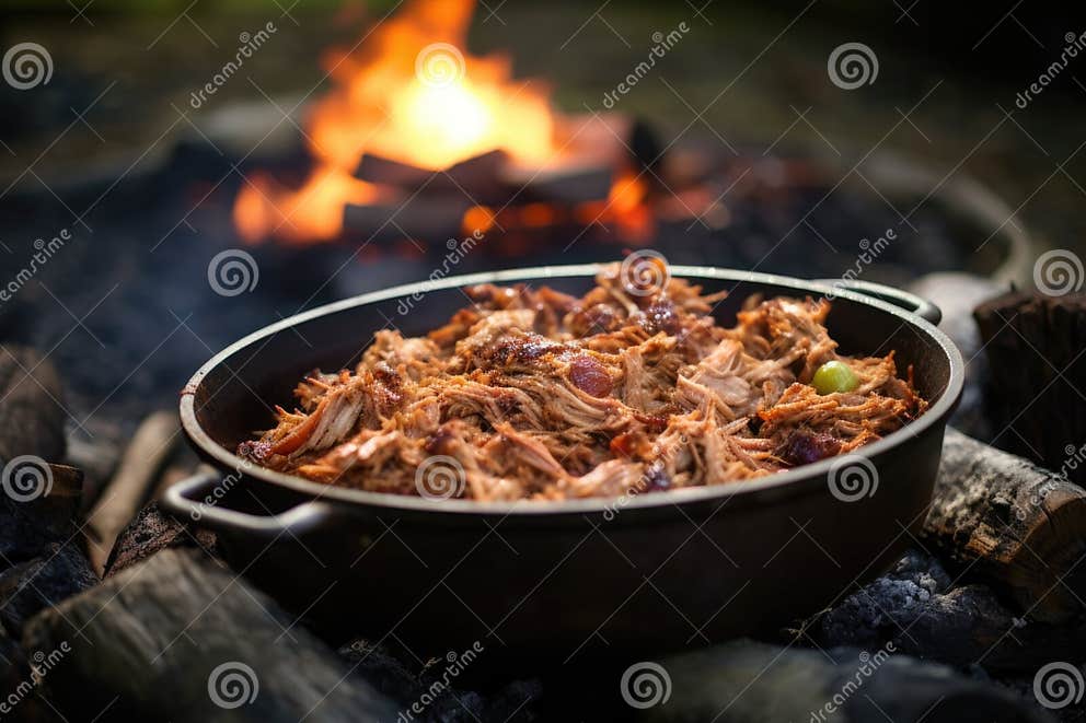 Bowl of Bbq Pulled Pork at a Campfire Gathering Stock Photo - Image of ...