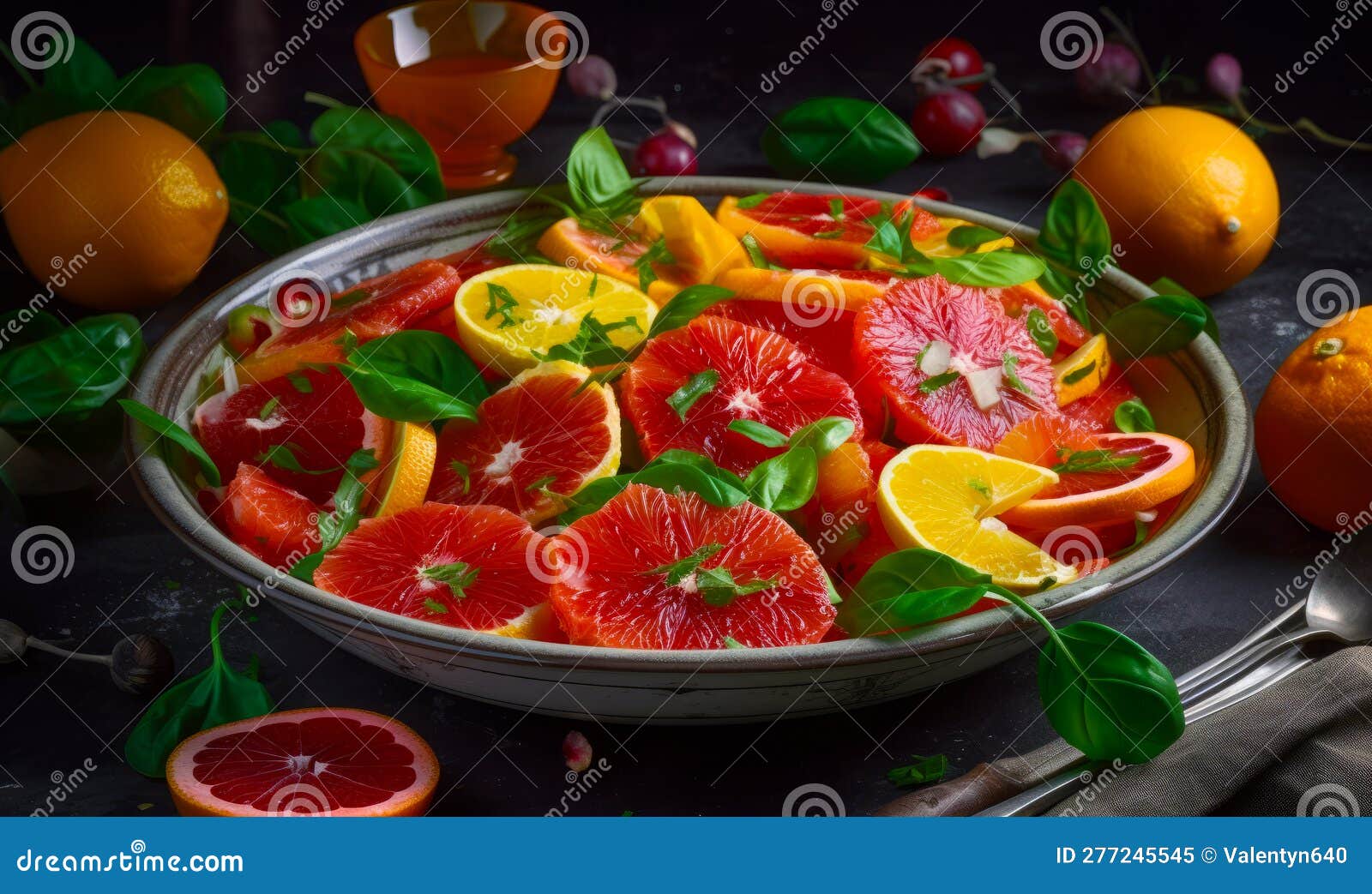 Bowl of Blood Oranges, Lemons, Cherries, and Basil. Generative AI Stock ...