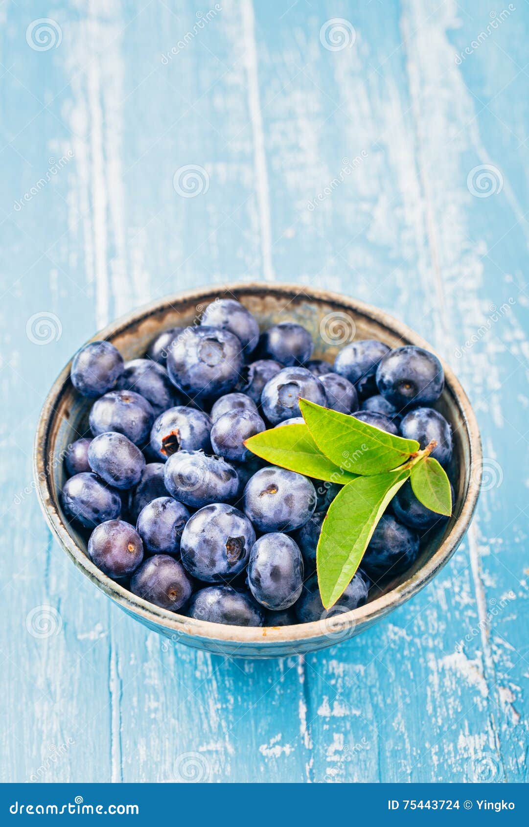 Bowl of Blueberry with Leaves on Table Stock Photo - Image of health ...