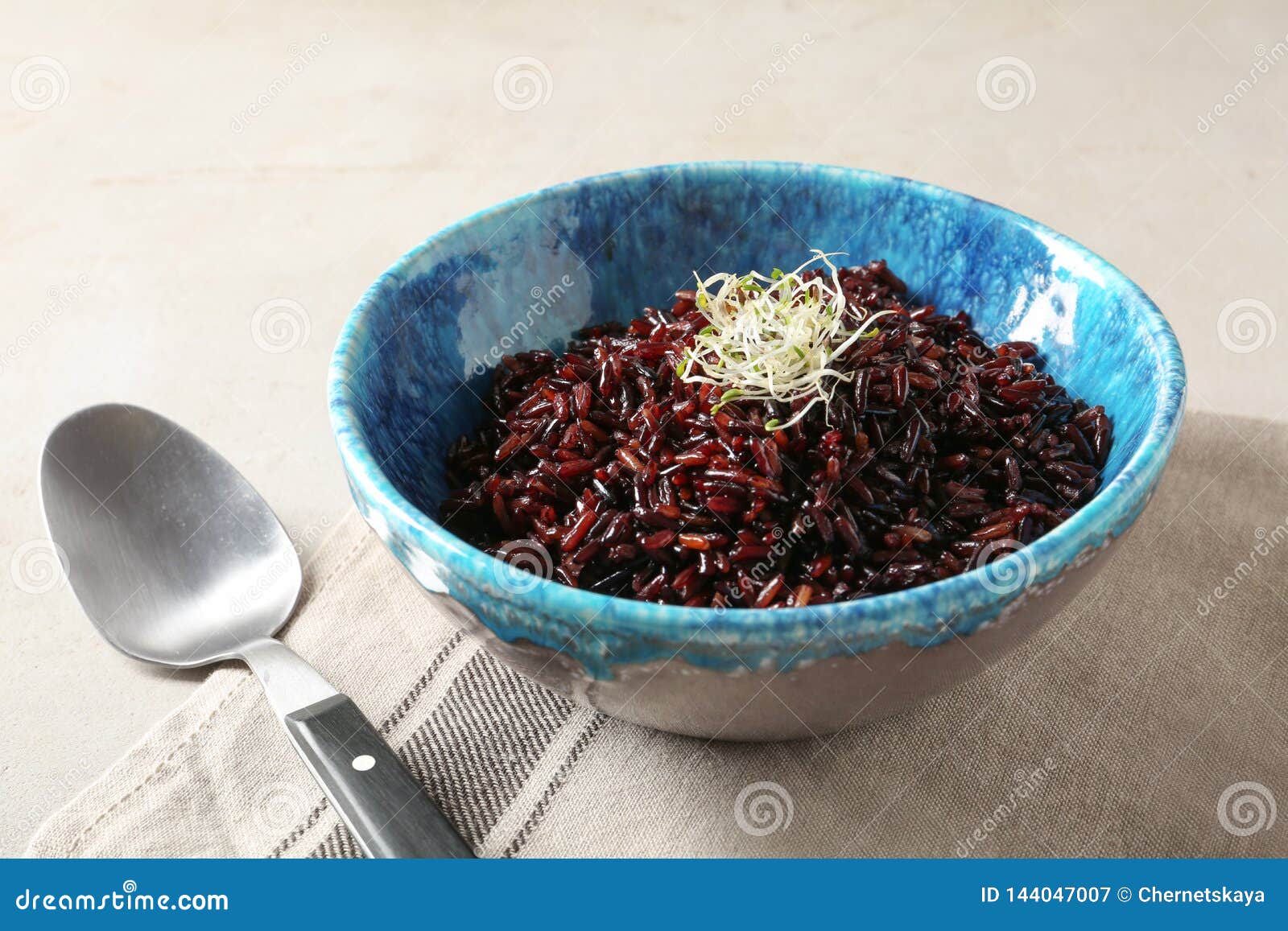 Bowl of Boiled Brown Rice and Spoon, Closeup Stock Image - Image of ...