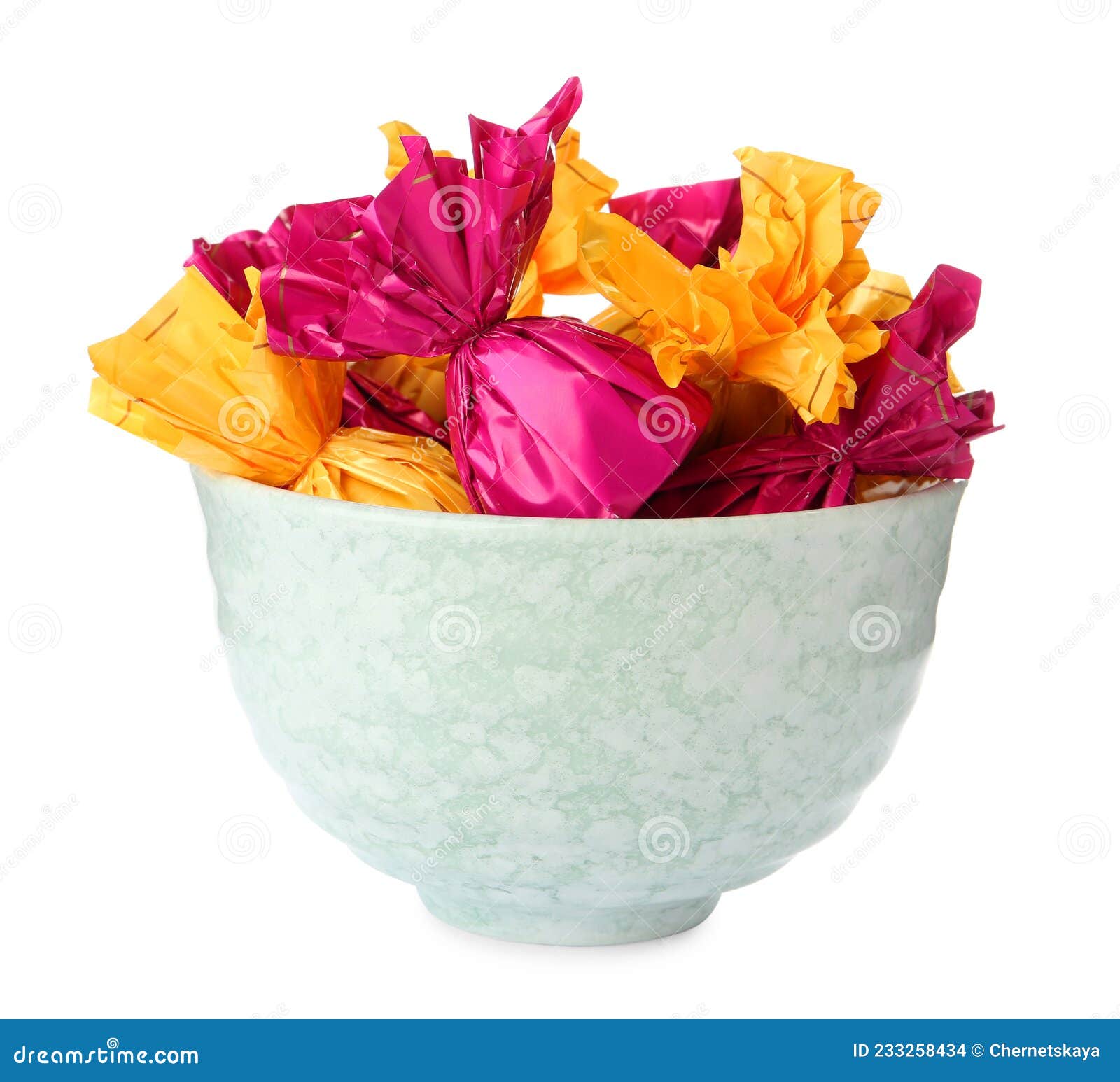 Bowl with Candies in Colorful Wrappers Isolated on White Stock Photo ...