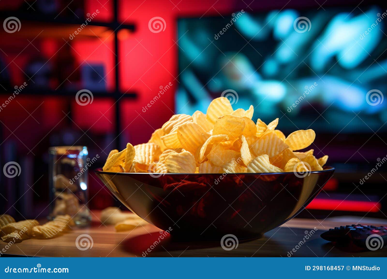 Bowl of Chips in Front of TV Screen. Watching Television at Home Stock ...