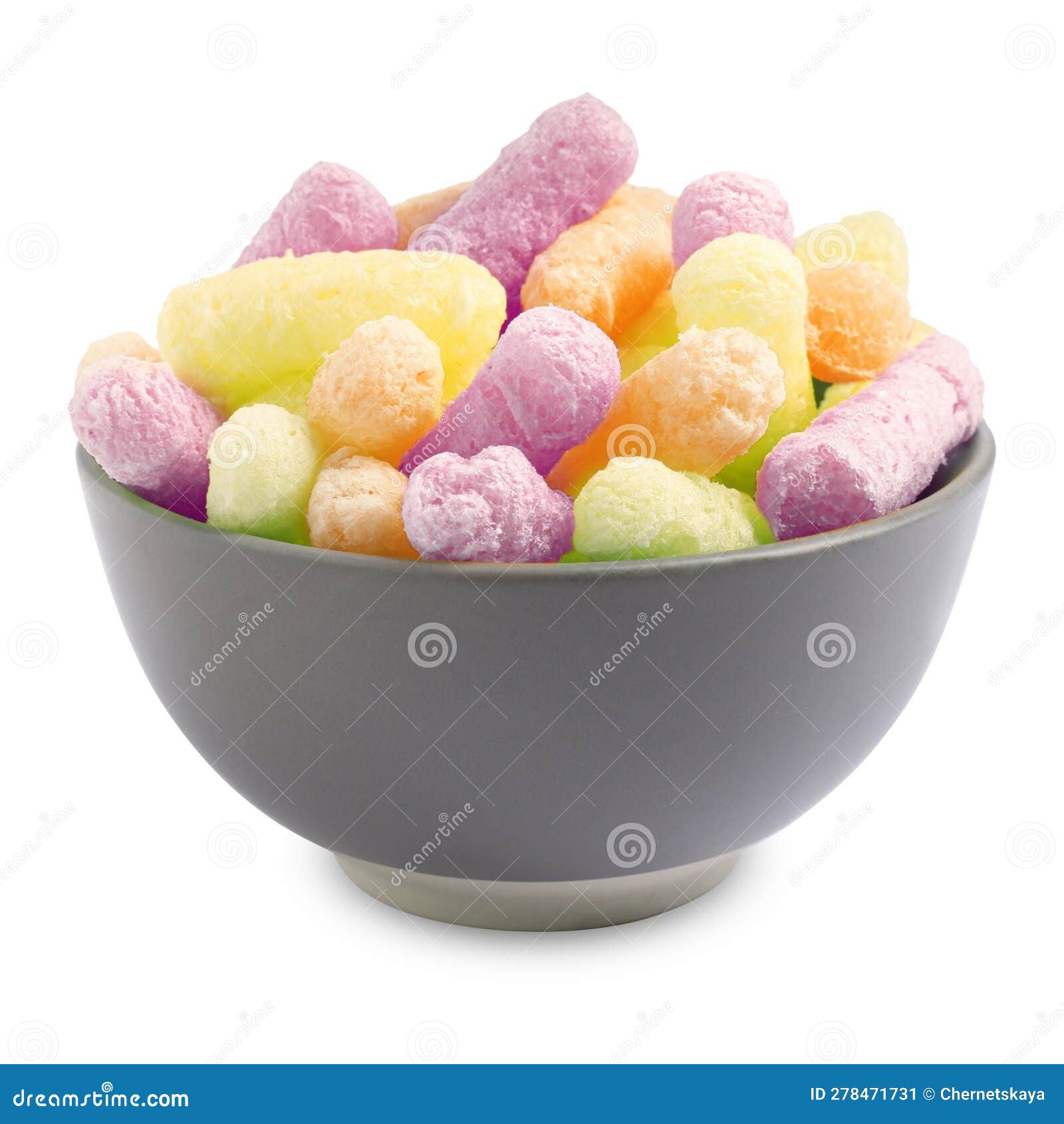 Bowl with Colorful Corn Puffs on White Background Stock Image - Image ...