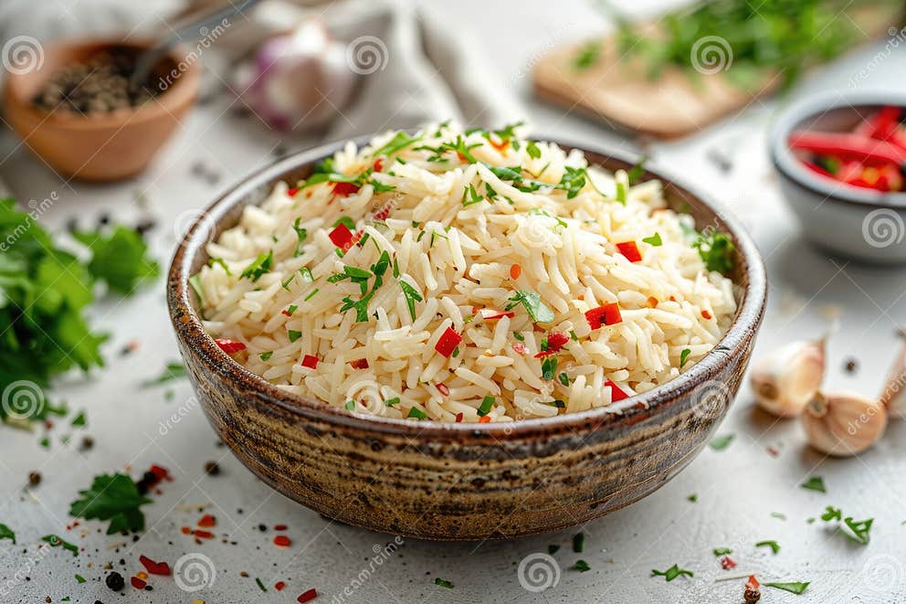 Bowl of Cooked Rice on a Kitchen Counter Stock Illustration ...