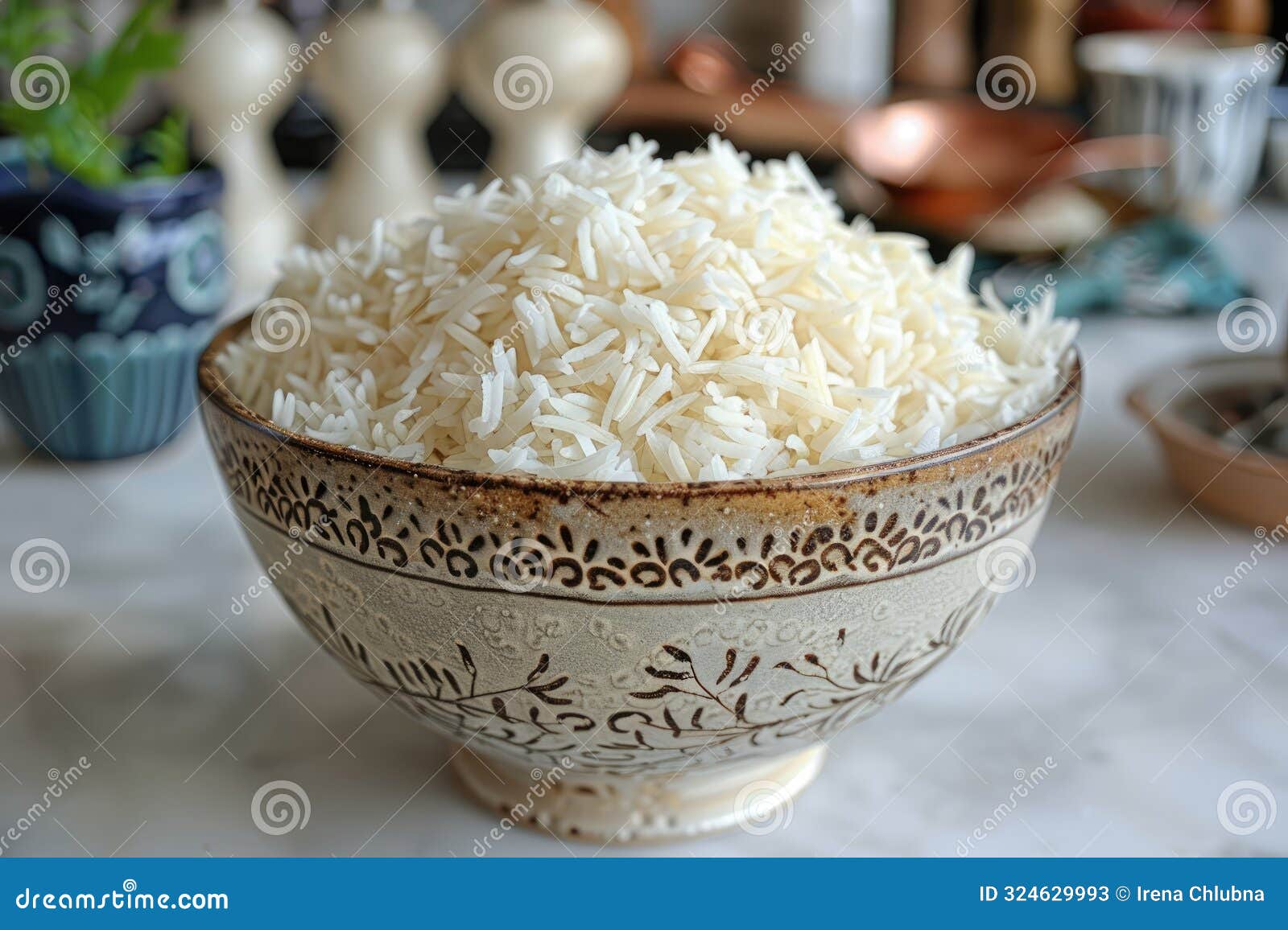 Cooked Rice With Wooden Chop Sticks Composition. Rice Grains Falling ...