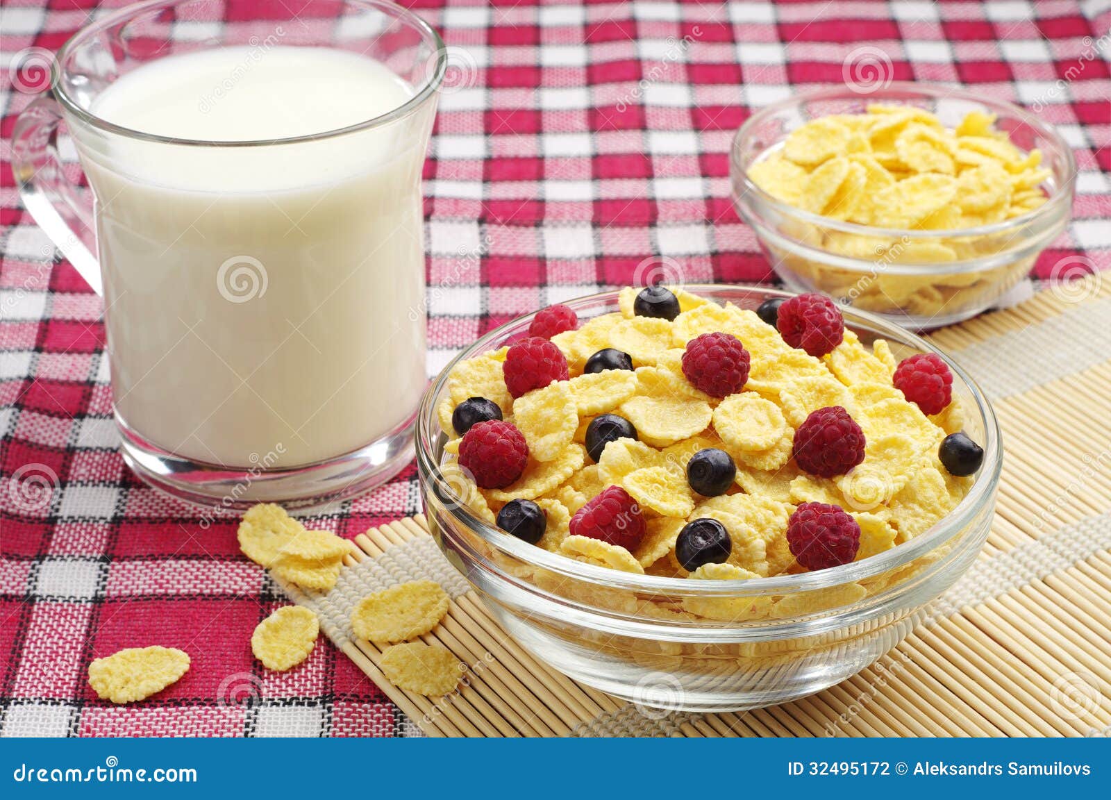 Bowl of Cornflakes with Berries and Cup of Milk Stock Photo - Image of ...