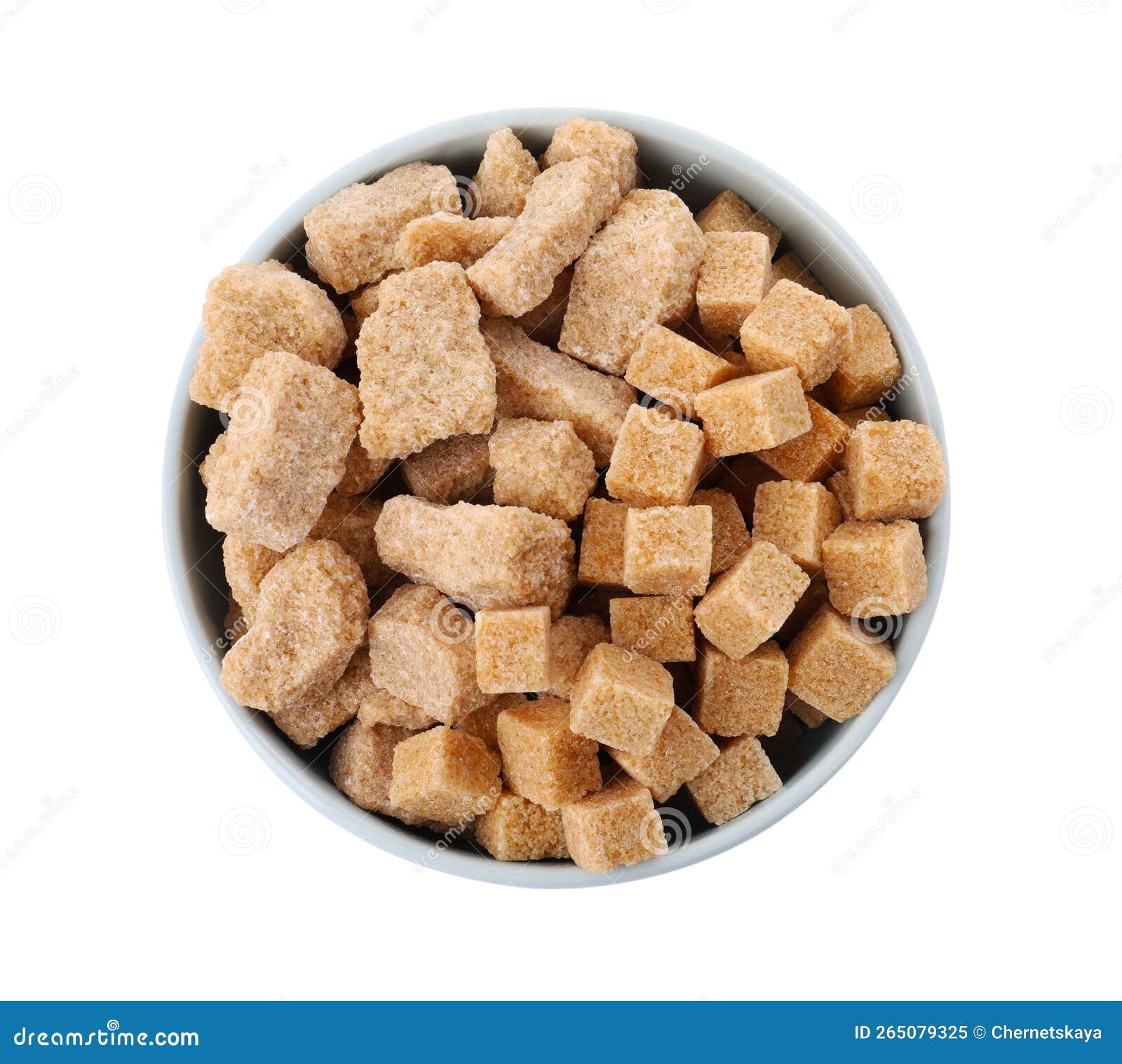 Bowl with Cubes and Chunks of Brown Sugar Isolated on White, Top View ...