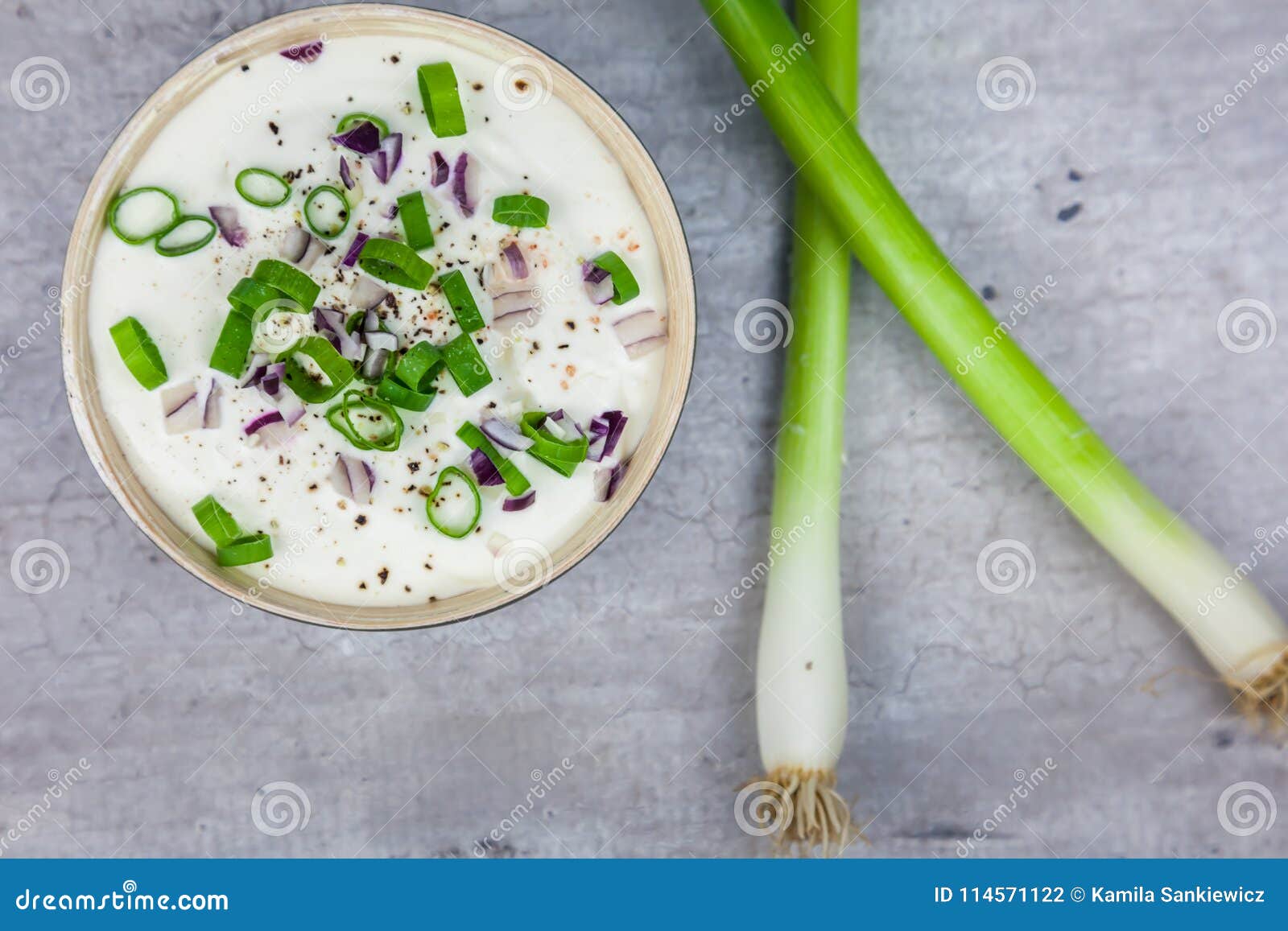 Bowl with Curd Decorated with Spring Onion and Red Onion Stock Photo ...
