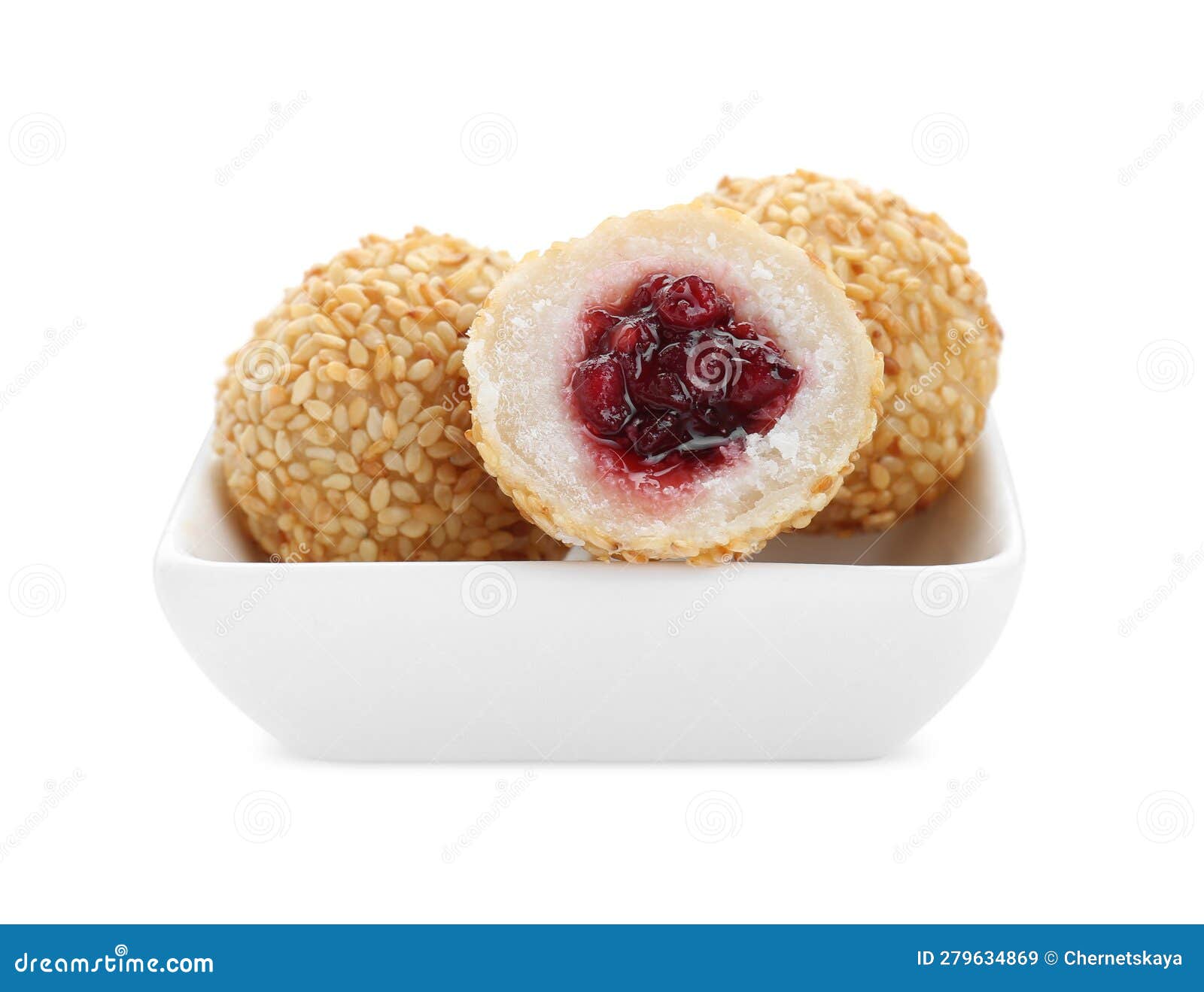 Bowl of Delicious Sesame Balls with Red Bean Paste on White Background ...