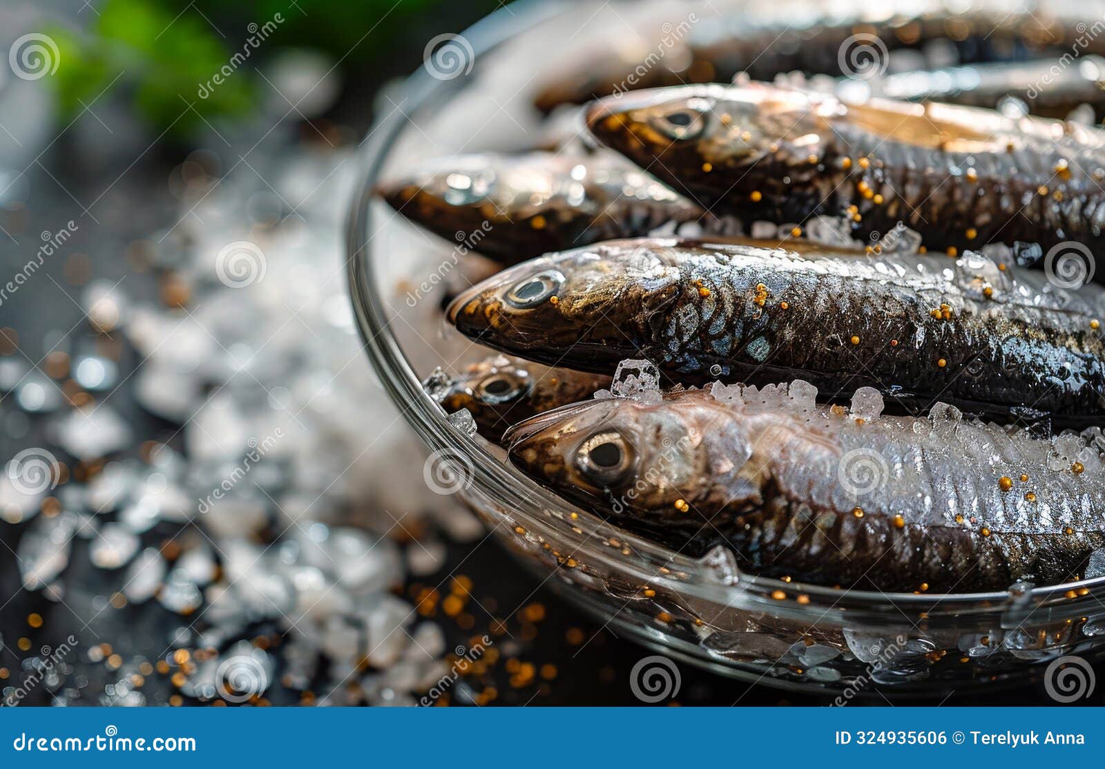 A Bowl of Fish with Salt and Ice. the Fish are Black and Shiny Stock ...