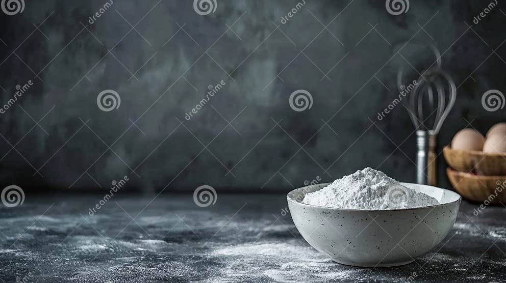 Bowl of Flour on a Dark Moody Kitchen Counter with Baking Essentials ...