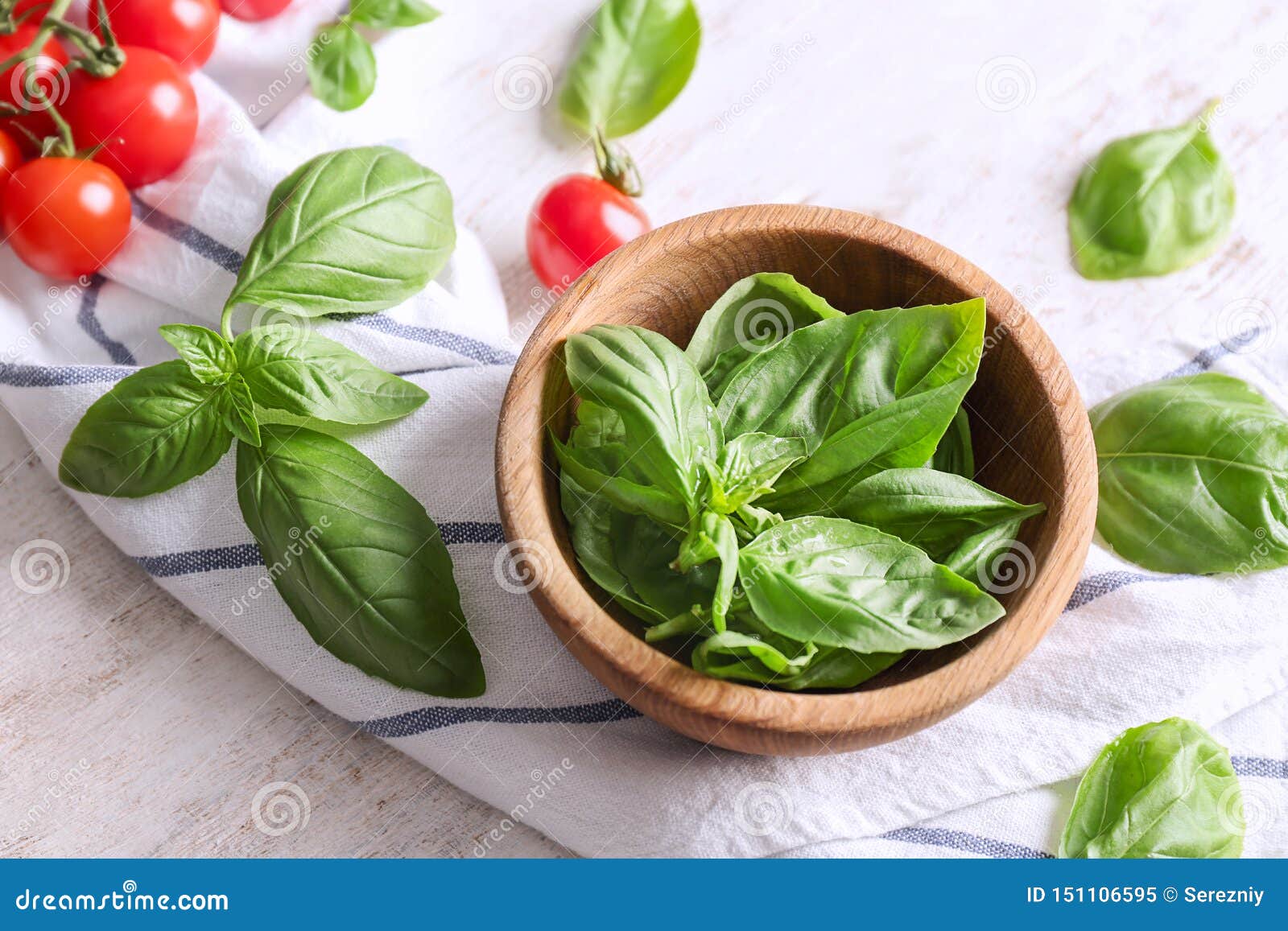 Bowl with Fresh Basil on Wooden Background Stock Image - Image of ...
